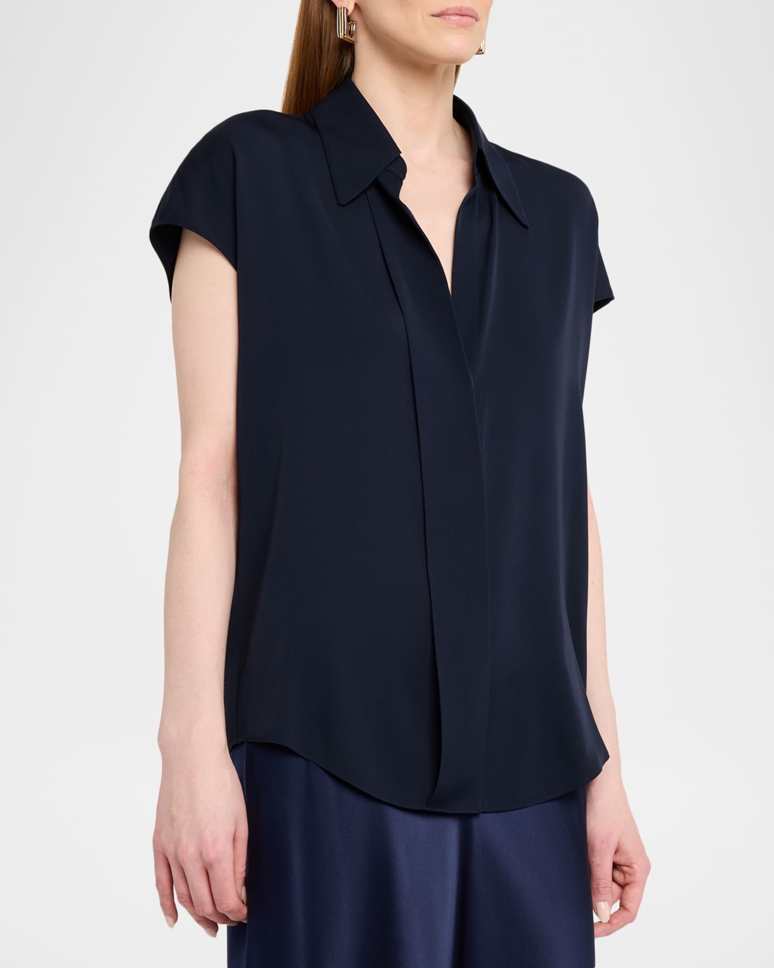 Vince Cap-Sleeve Hidden Placket Stretch-Silk Top | Neiman Marcus
