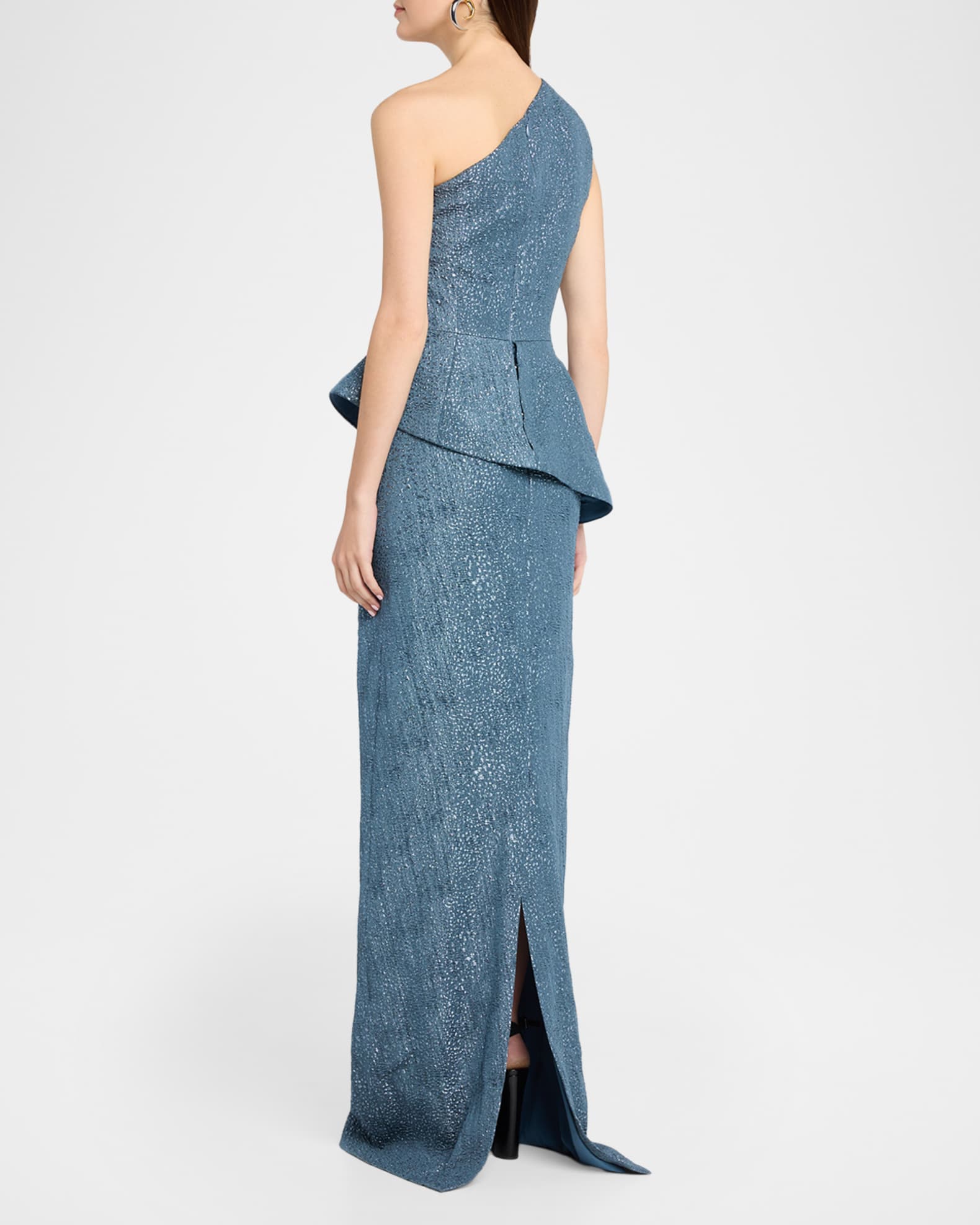 Rickie Freeman for Teri Jon One-Shoulder Metallic Jacquard Peplum Gown ...