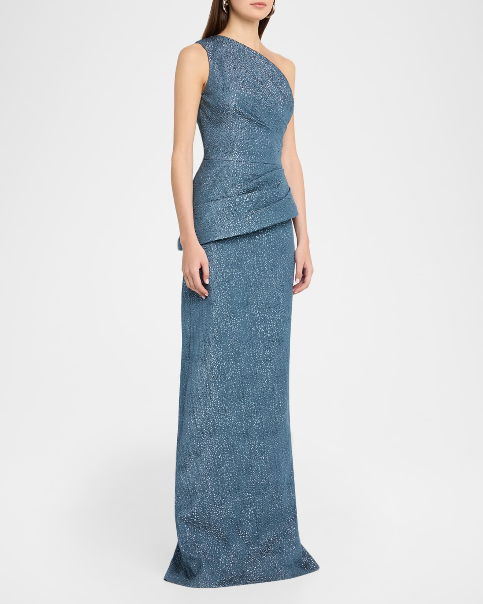 Rickie Freeman for Teri Jon One-Shoulder Metallic Jacquard Peplum Gown ...