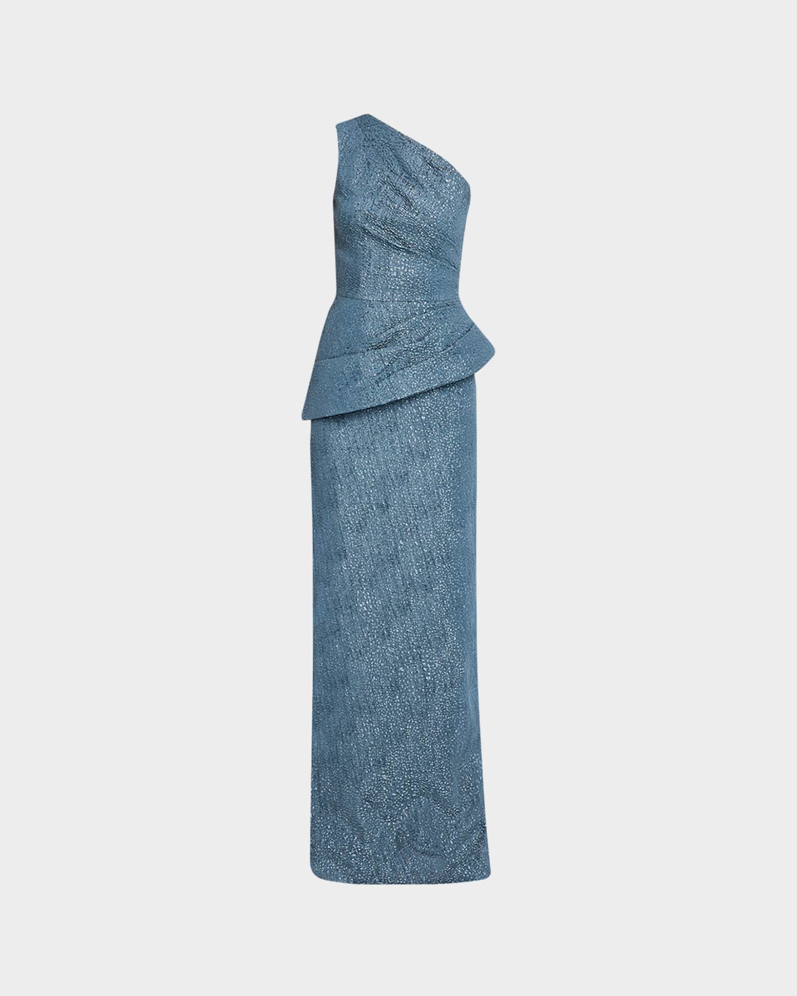 Rickie Freeman for Teri Jon One-Shoulder Metallic Jacquard Peplum Gown ...