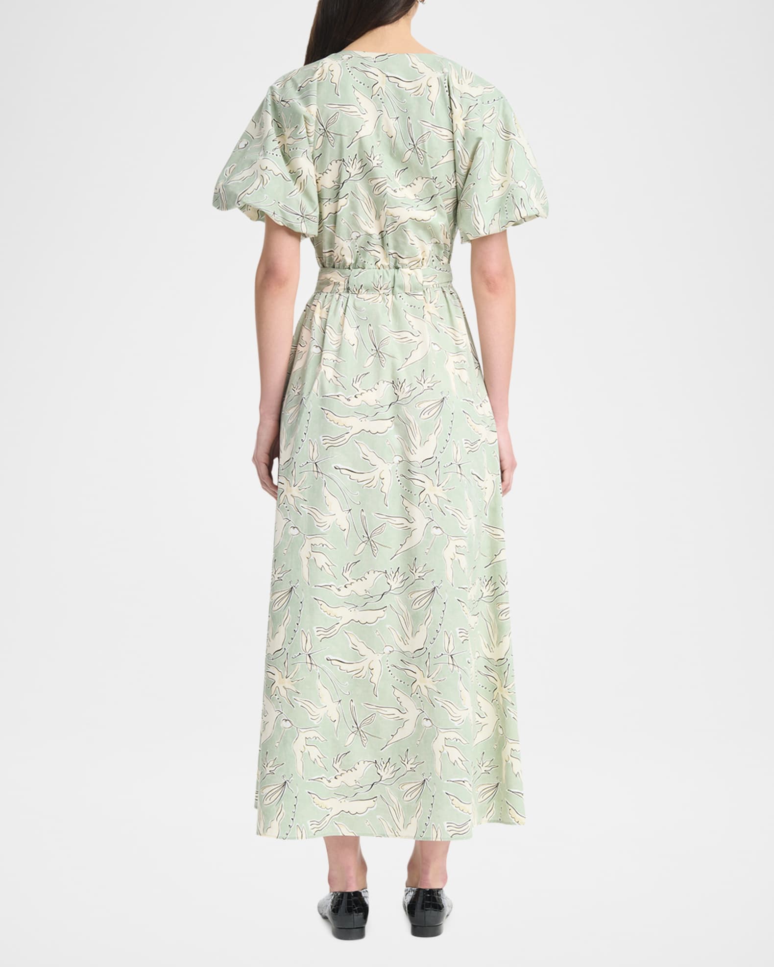 Altuzarra Paulina Dove-Print Cotton Puff-Sleeve Belted Midi Dress ...