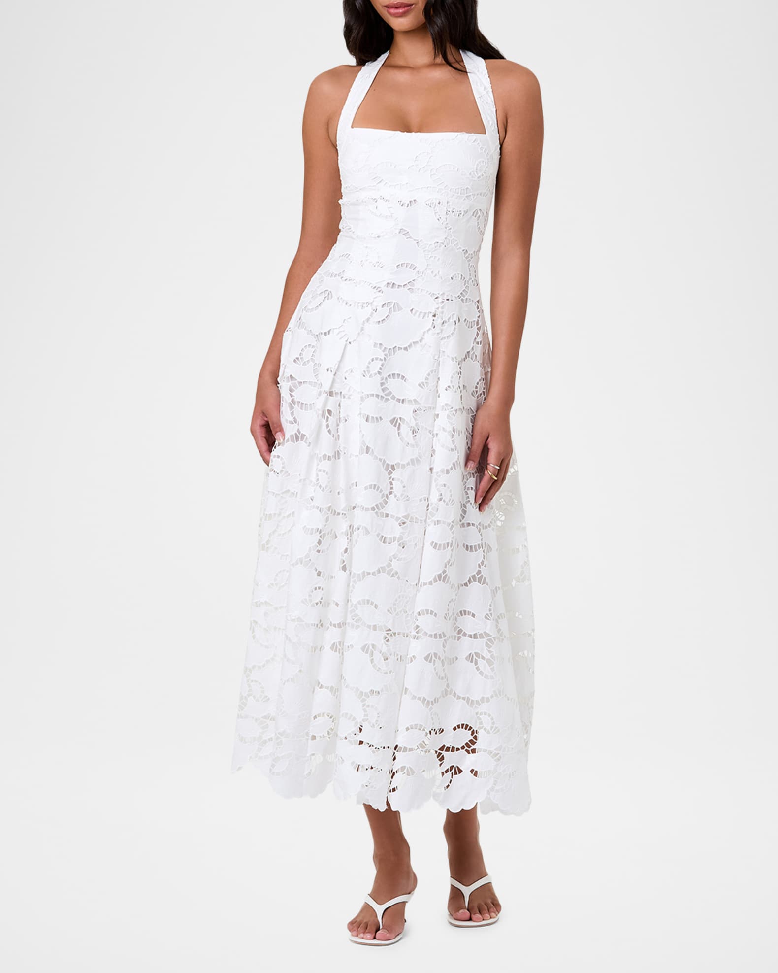 NICHOLAS Elisabeth Pleated Lace Halter Midi Dress | Neiman Marcus