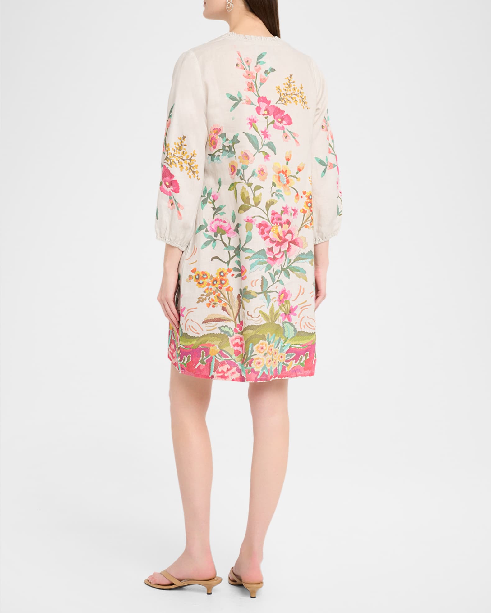 Johnny Was Floral-Embroidered Linen Mini Shift Dress | Neiman Marcus