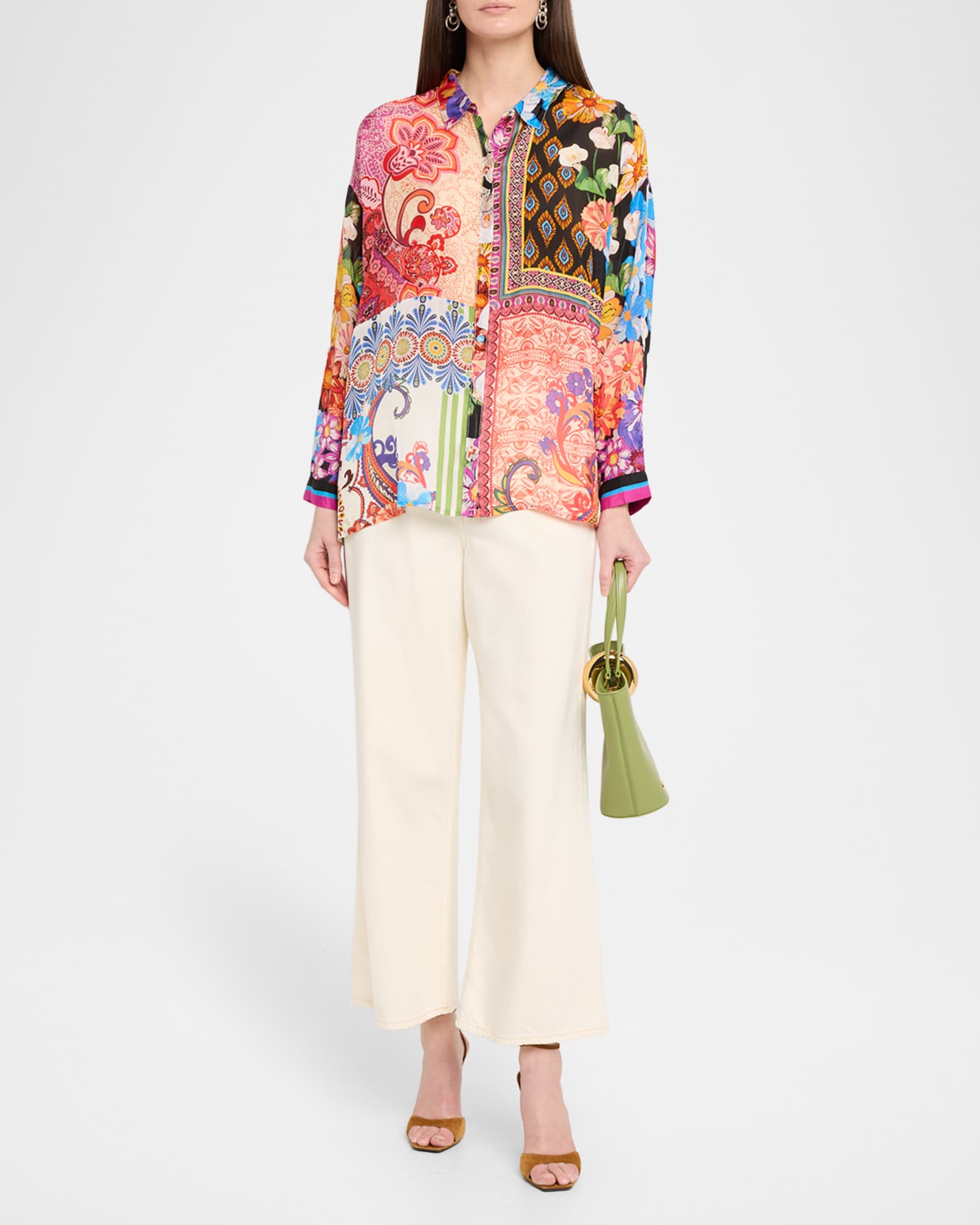 Johnny Was Audrey Patchwork Floral-Print Silk Shirt | Neiman Marcus