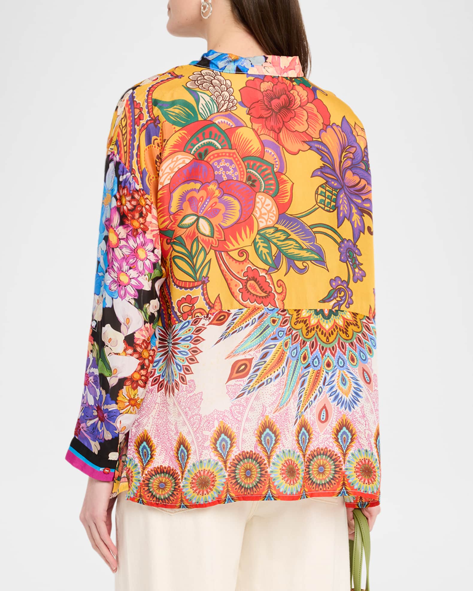 Johnny Was Audrey Patchwork Floral-Print Silk Shirt | Neiman Marcus