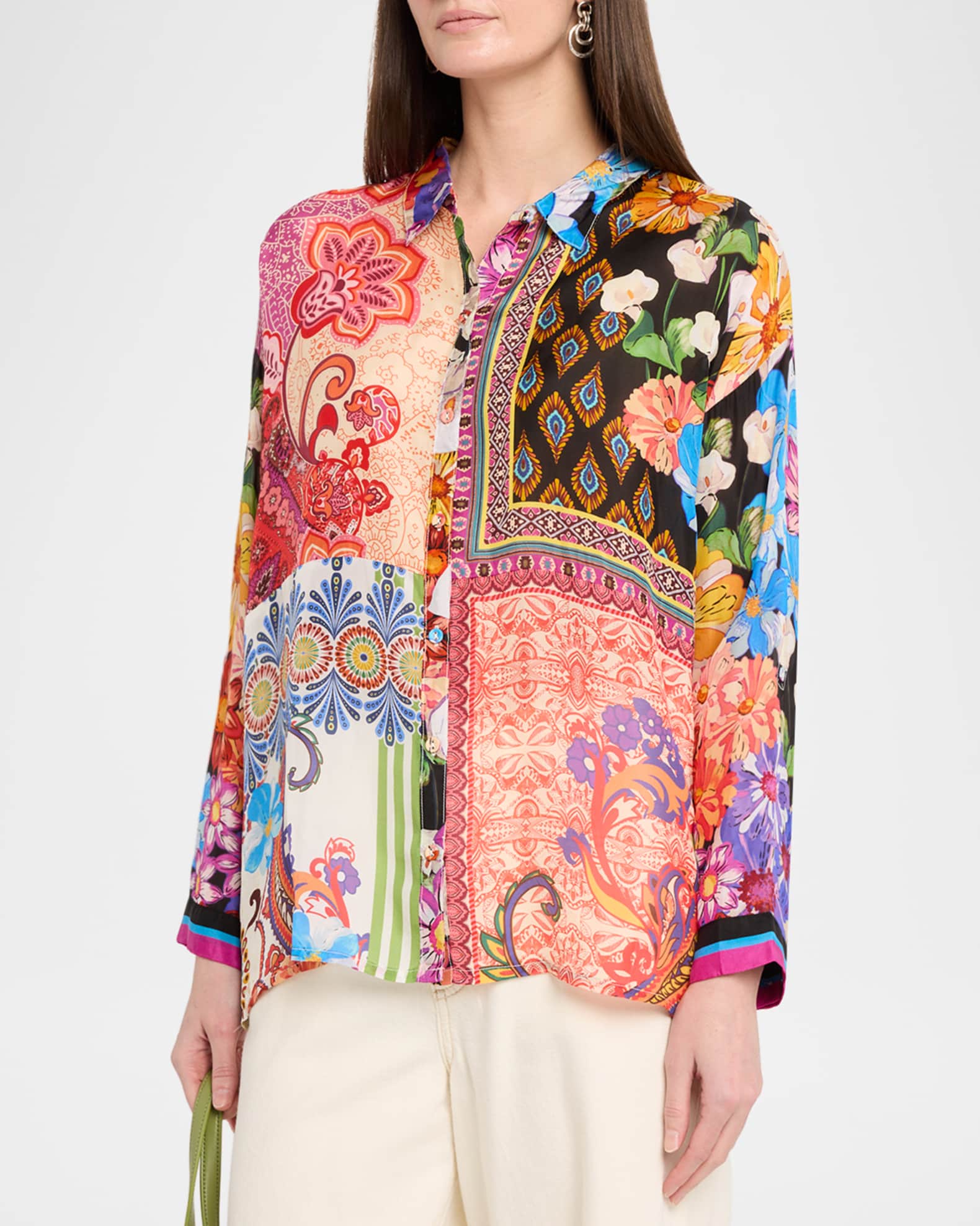 Johnny Was Audrey Patchwork Floral-Print Silk Shirt | Neiman Marcus