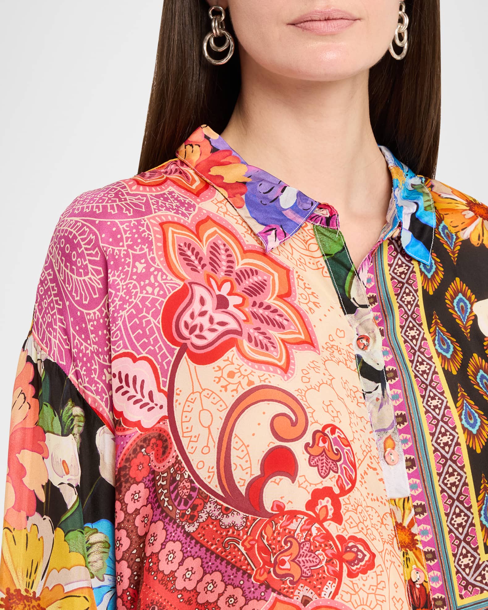 Johnny Was Audrey Patchwork Floral-Print Silk Shirt | Neiman Marcus