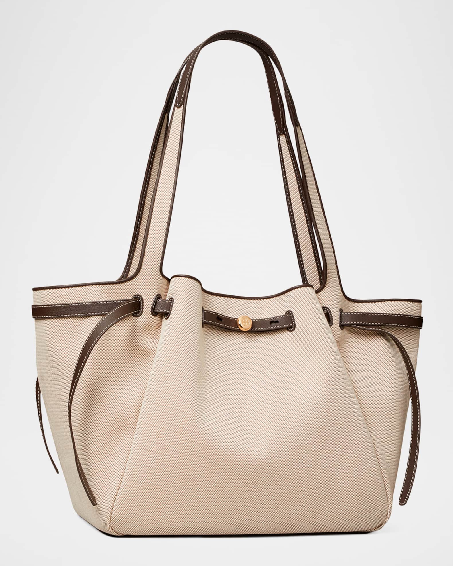 Tory Burch Romy Large Canvas Leather-Trim Tote Bag | Neiman Marcus