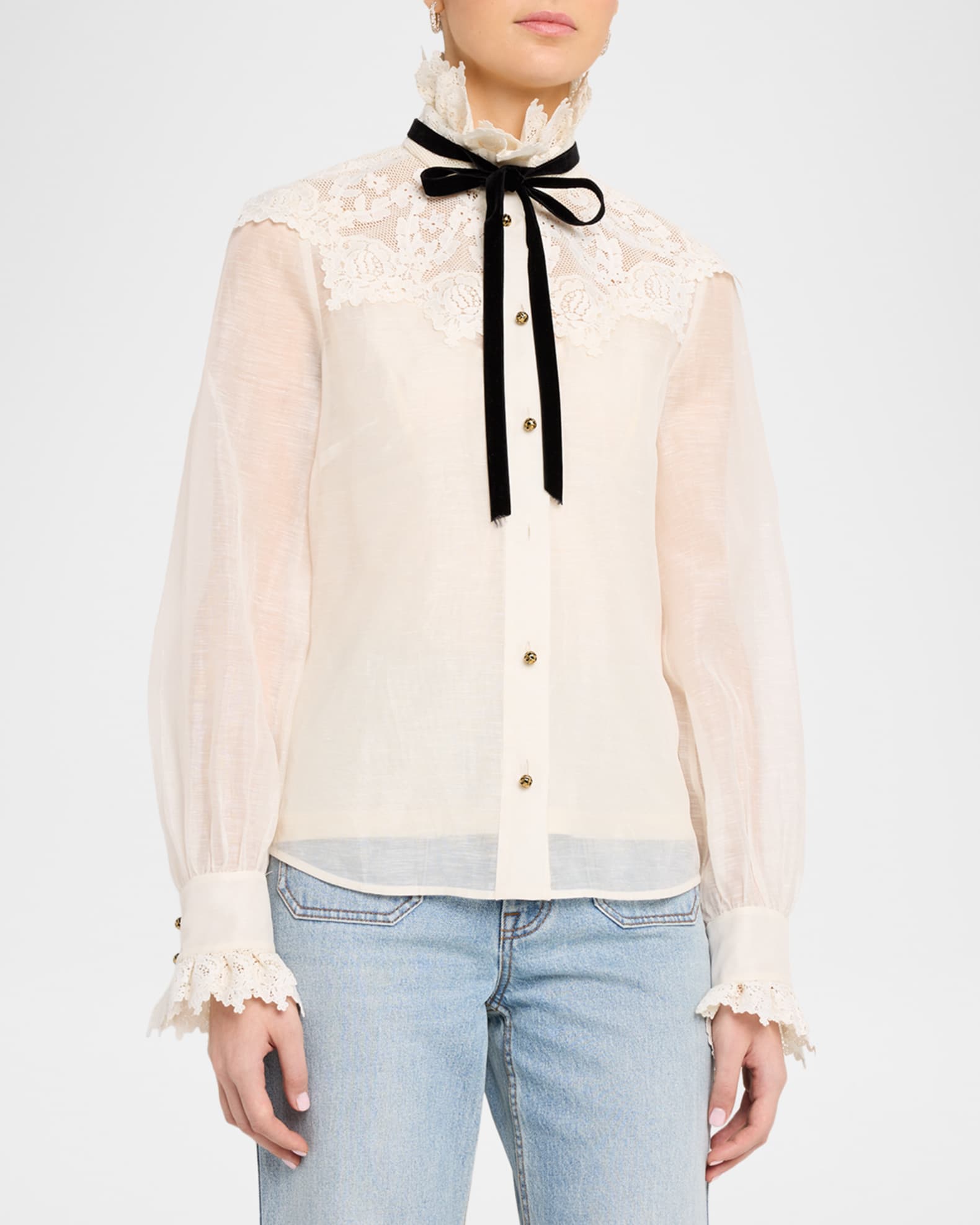 Zimmermann Luna Collared Neck-Tie Lace Blouse | Neiman Marcus