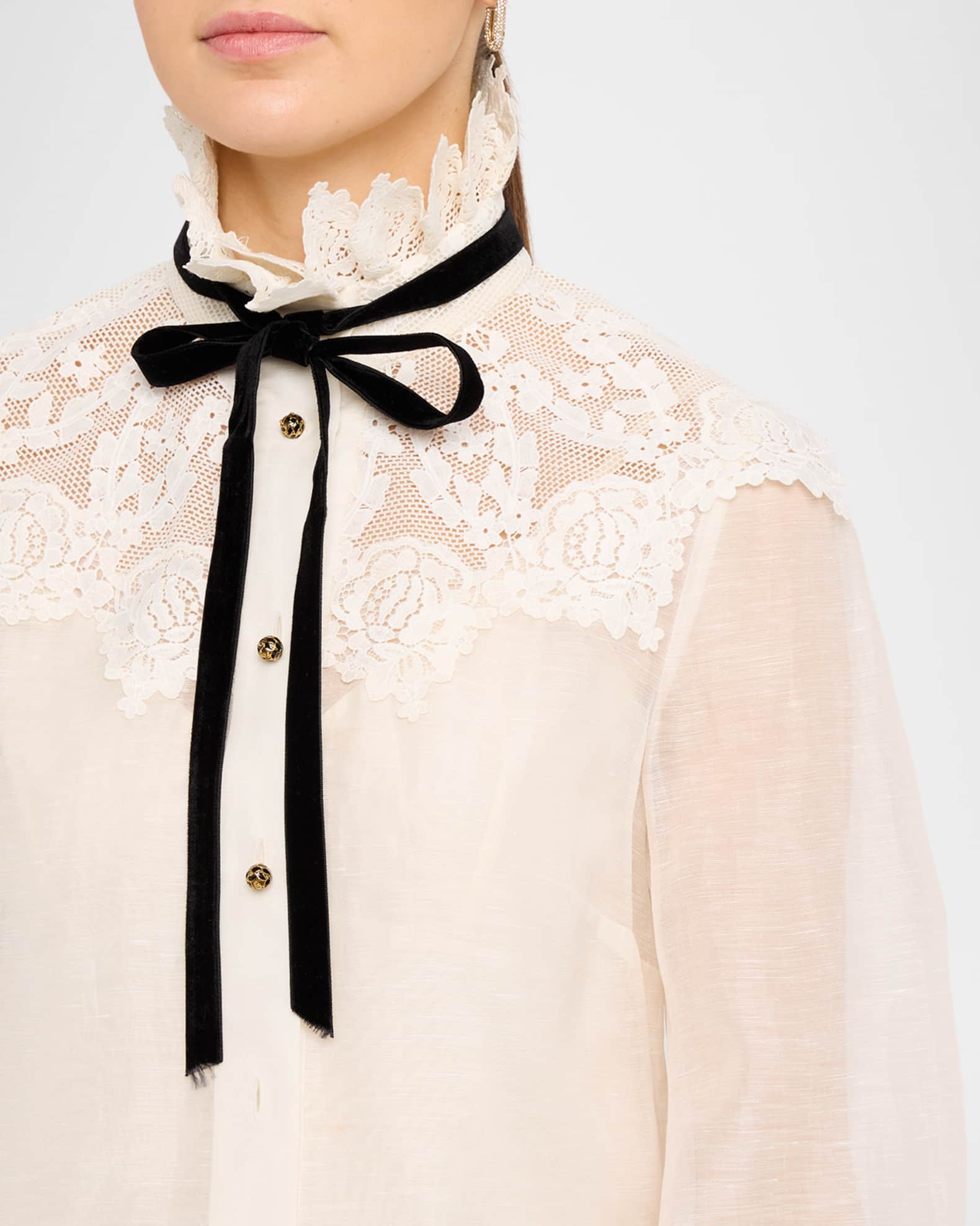 Zimmermann Luna Collared Neck-Tie Lace Blouse | Neiman Marcus