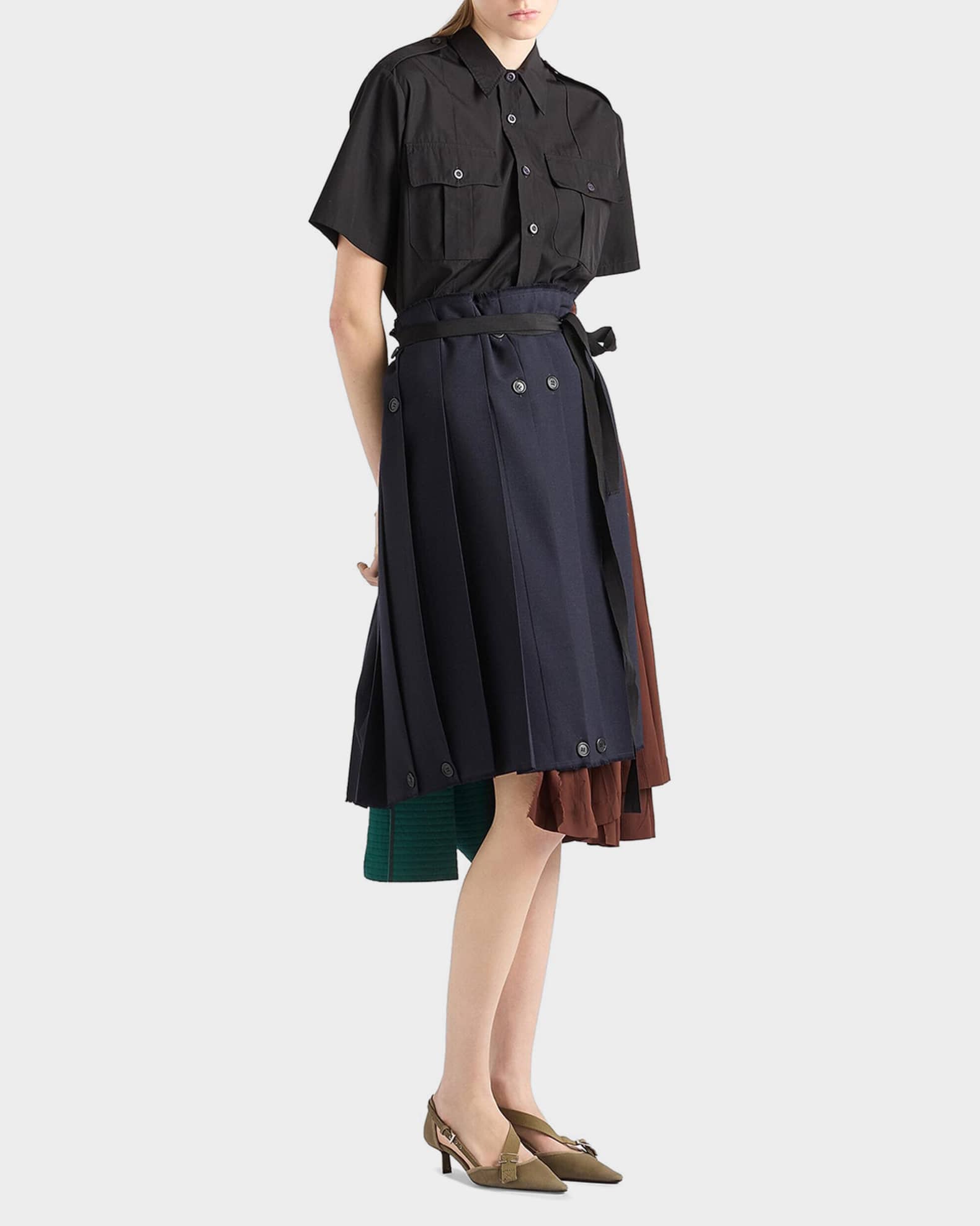 Prada Gathered Mixed-Media Midi-Skirt | Neiman Marcus