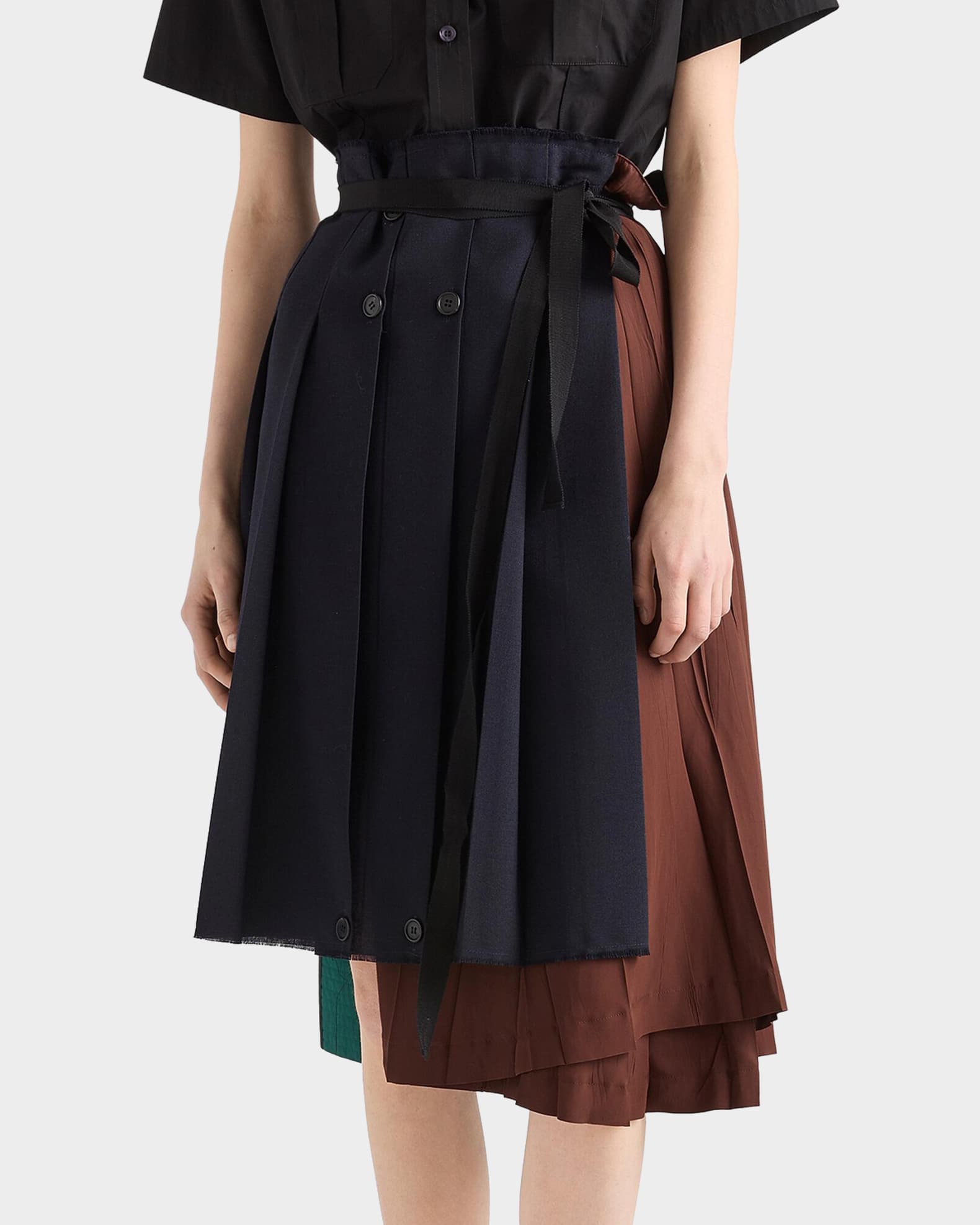 Prada Gathered Mixed-Media Midi-Skirt | Neiman Marcus