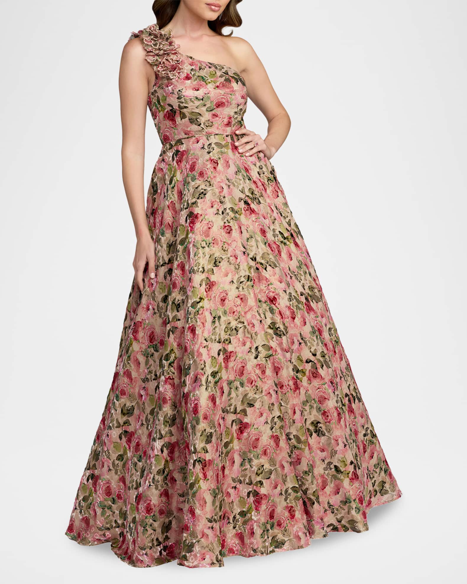 Mac Duggal Floral Organza Brocade One-Shoulder Gown | Neiman Marcus
