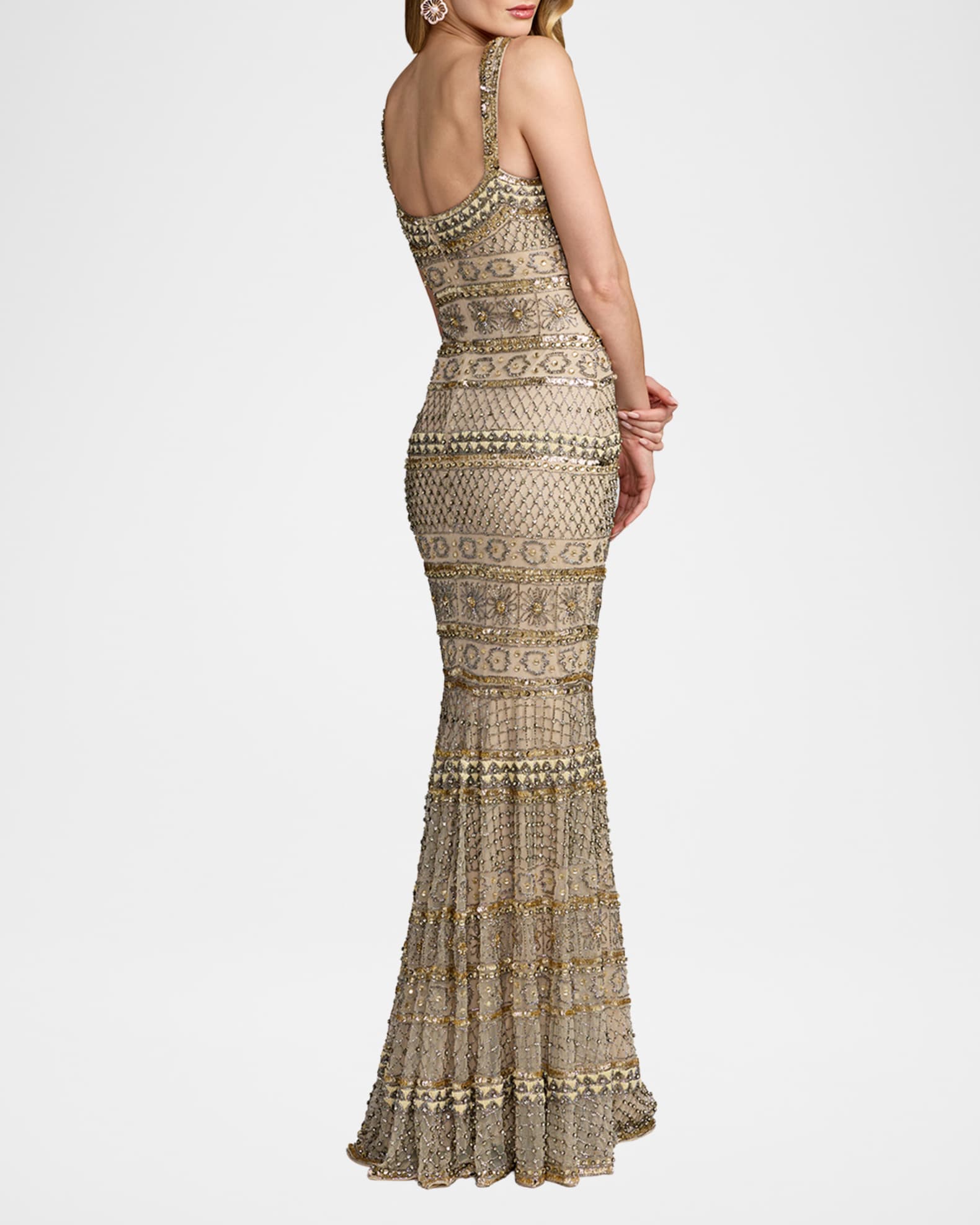 Mac Duggal Geometric Beaded Mesh Trumpet Gown | Neiman Marcus