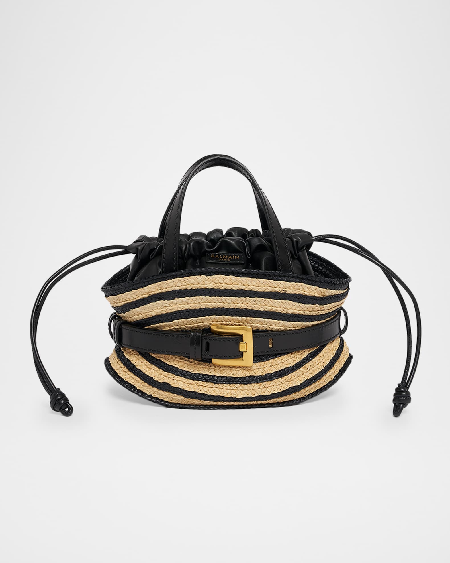 Balmain Shuffle Mini Striped Raffia Top-Handle Bag | Neiman Marcus