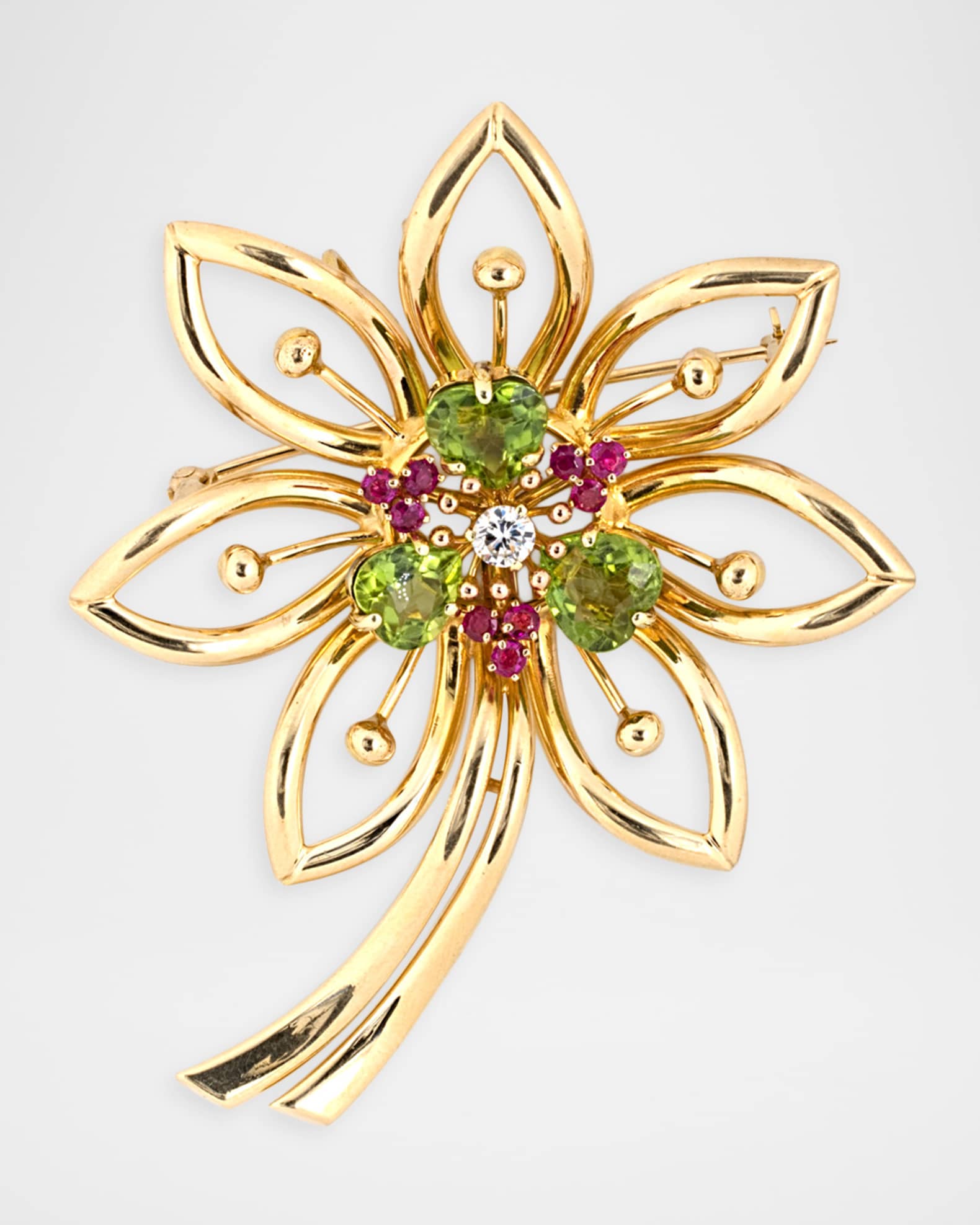 NM Estate Estate 14K Yellow Gold Diamond, Peridot, and Ruby Flower Pin ...