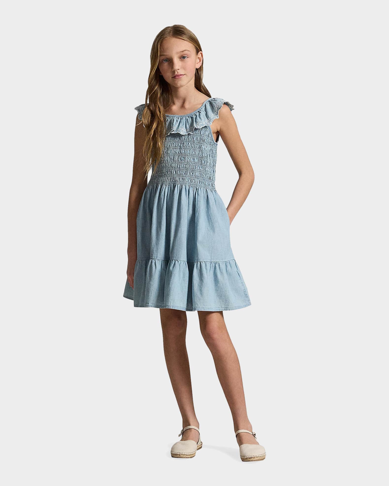 Polo Ralph Lauren Girl's Blueberry-Overlay Cotton Chambray Smocked ...