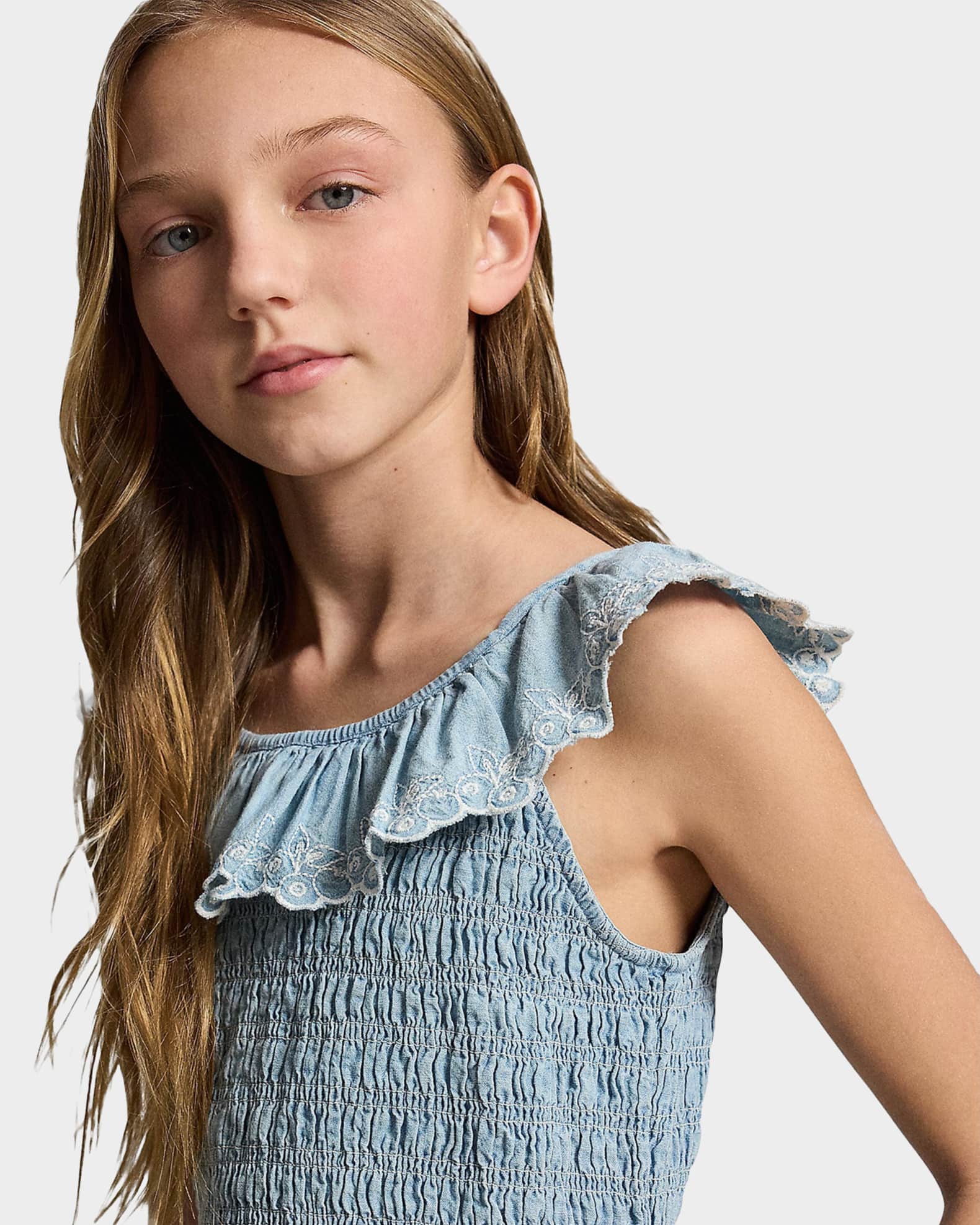 Polo Ralph Lauren Girl's Blueberry-Overlay Cotton Chambray Smocked ...