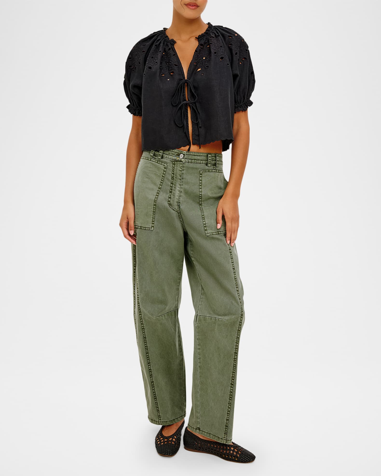 Rails Lizbeth Embroidered Tie-Front Linen Blouse | Neiman Marcus