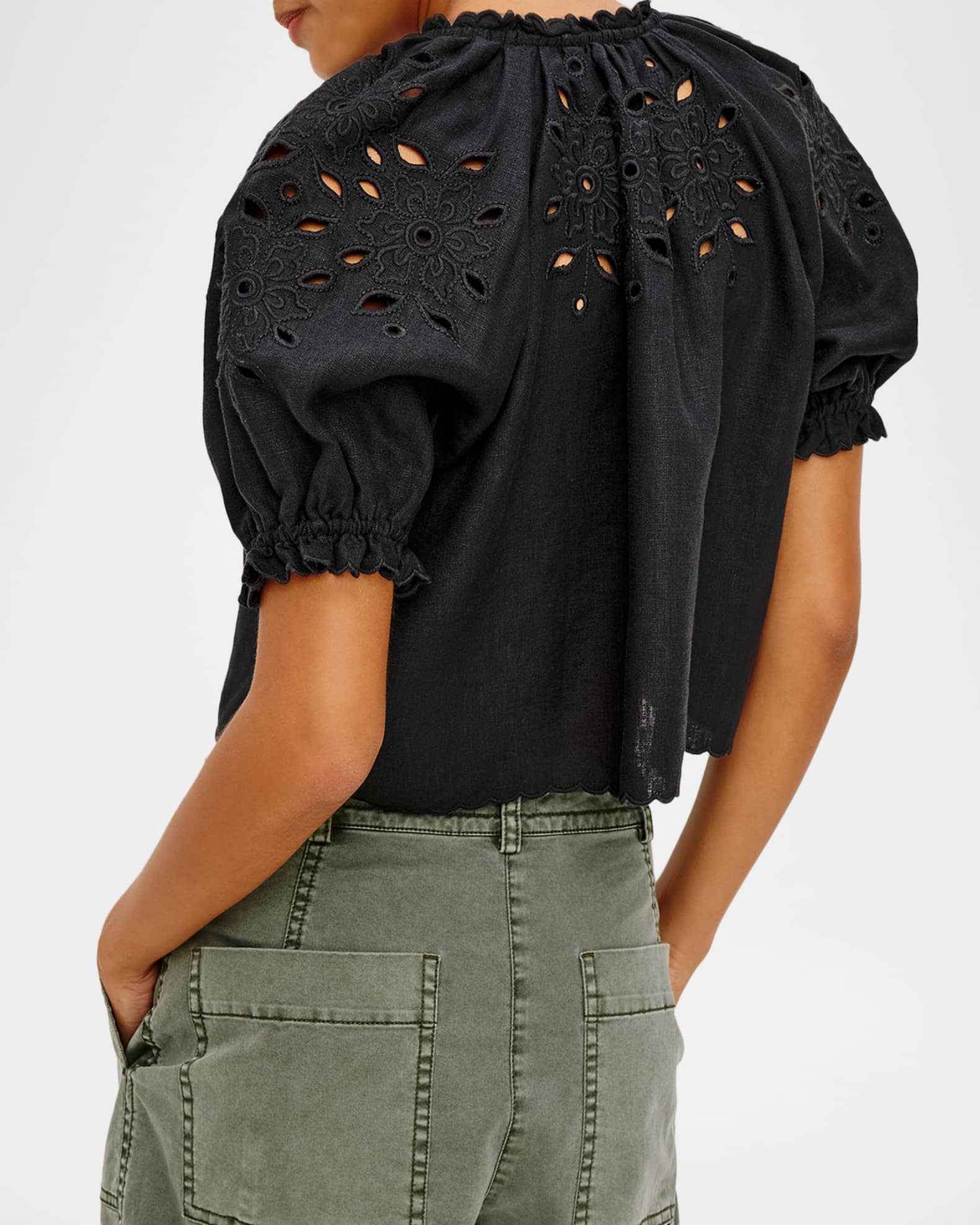 Rails Lizbeth Embroidered Tie-Front Linen Blouse | Neiman Marcus