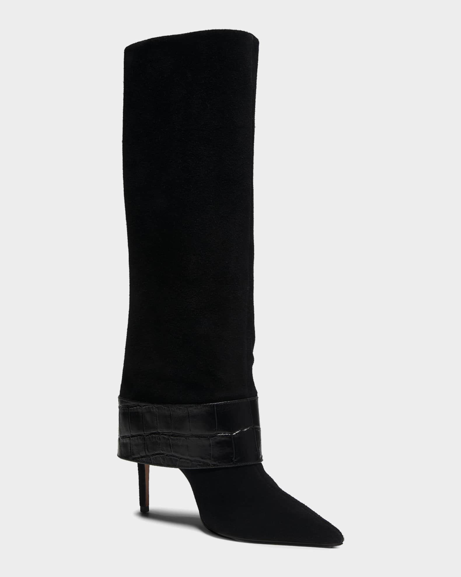 Schutz Beatrix Suede Knee-High Boots with Croc-Embossed Leather Buckle ...
