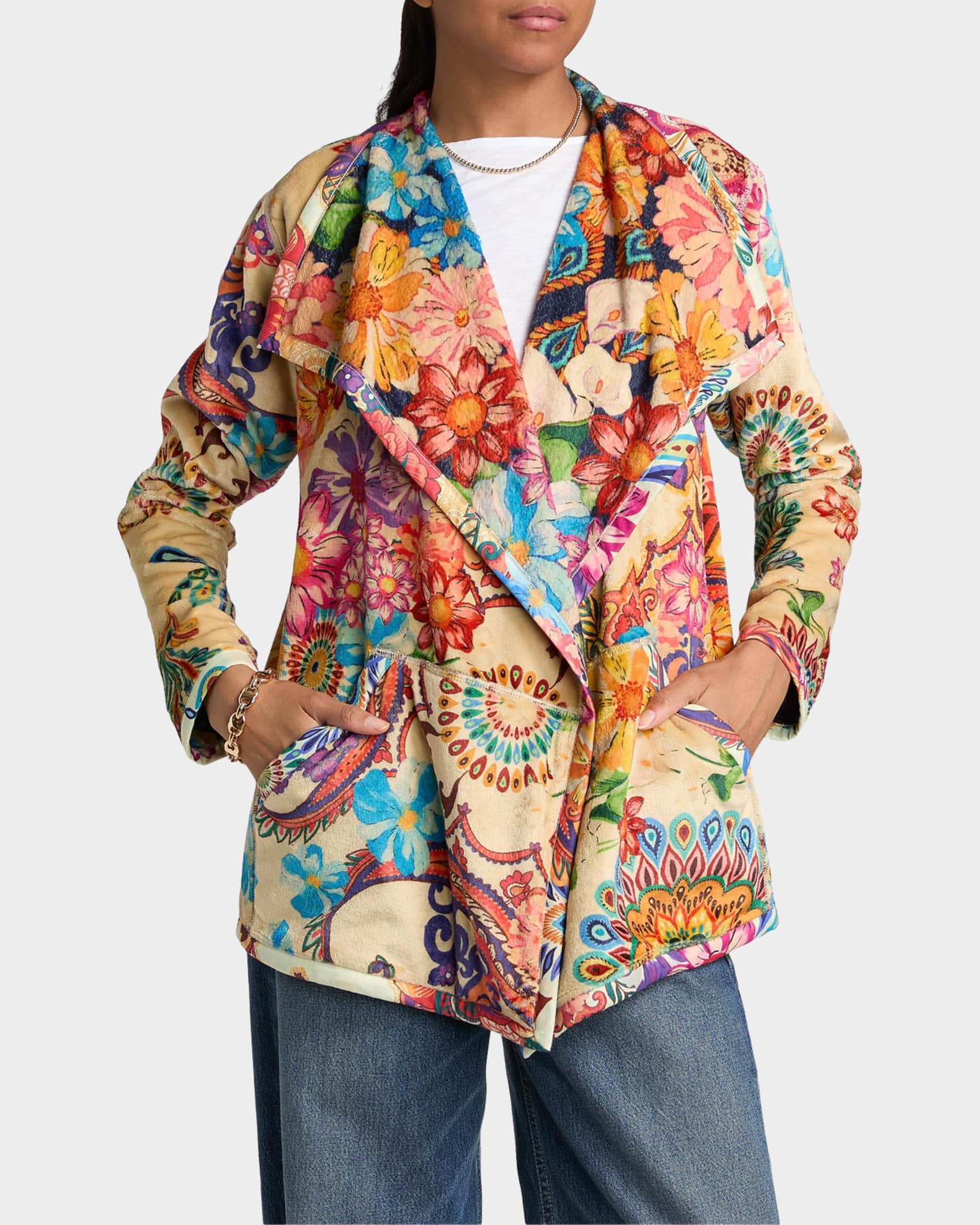 Johnny Was Joan Floral-Print Sherpa Wrap Jacket | Neiman Marcus