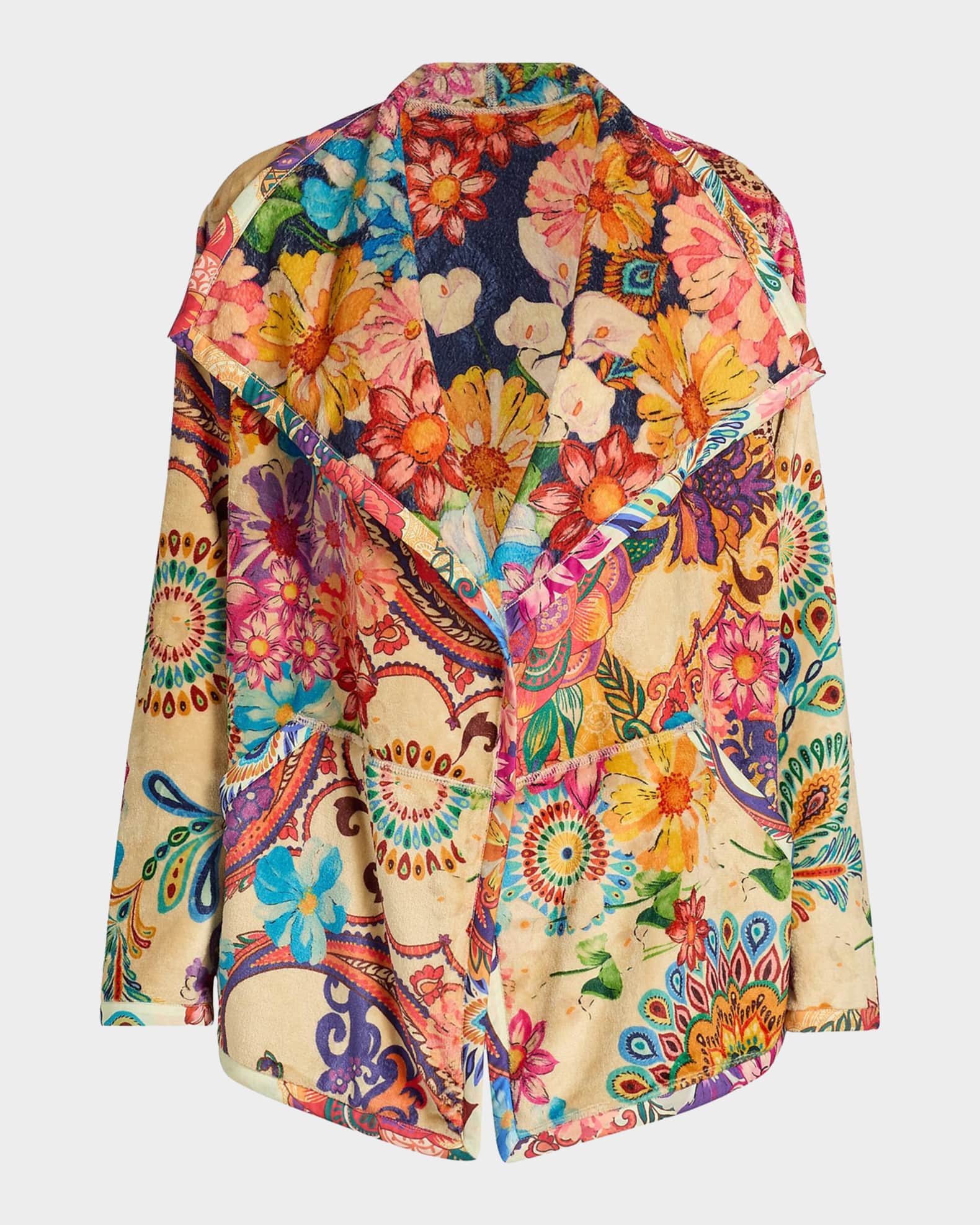 Johnny Was Joan Floral-Print Sherpa Wrap Jacket | Neiman Marcus