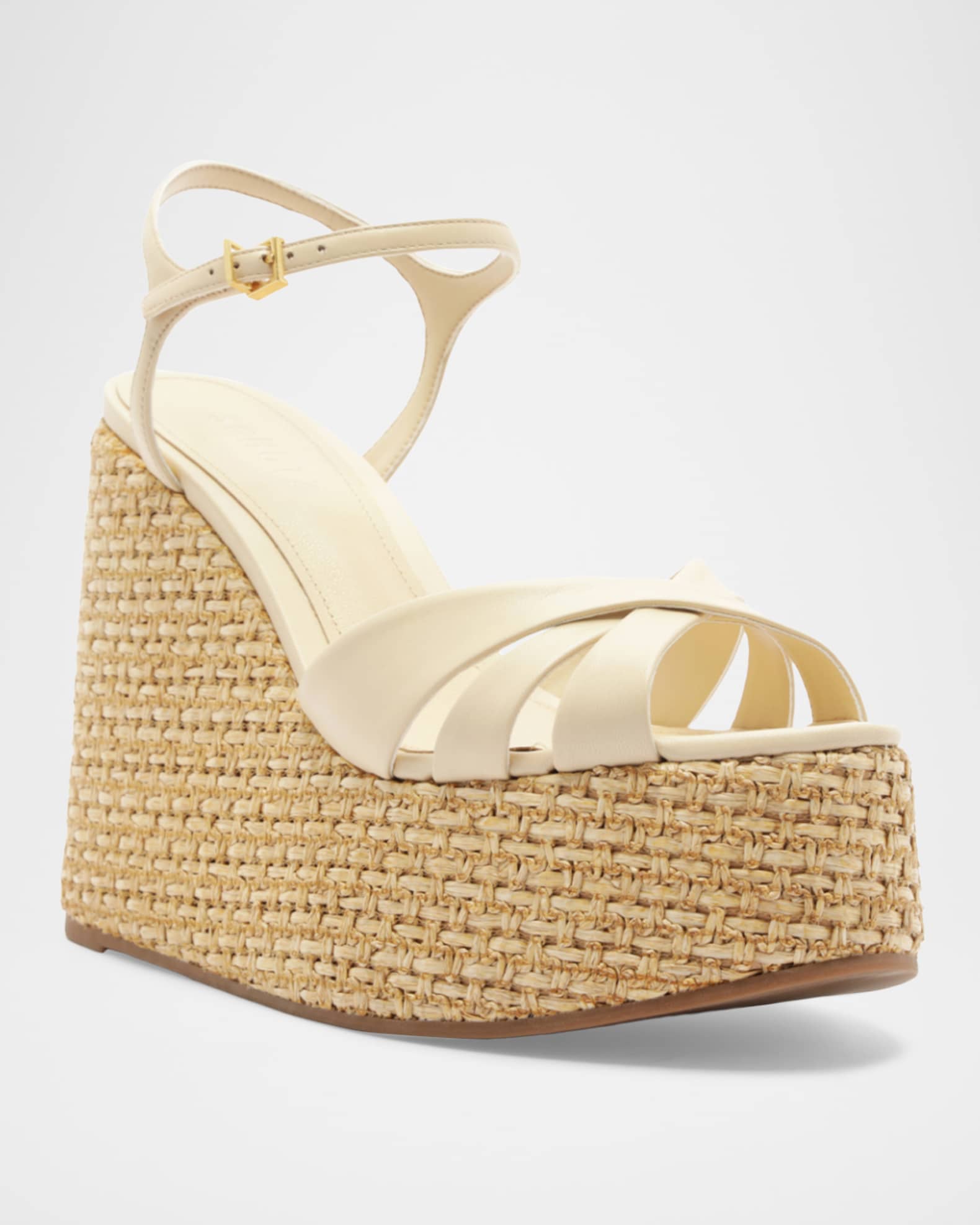 Schutz 120mm Keefa Leather and Raffia Platform Sandals | Neiman Marcus