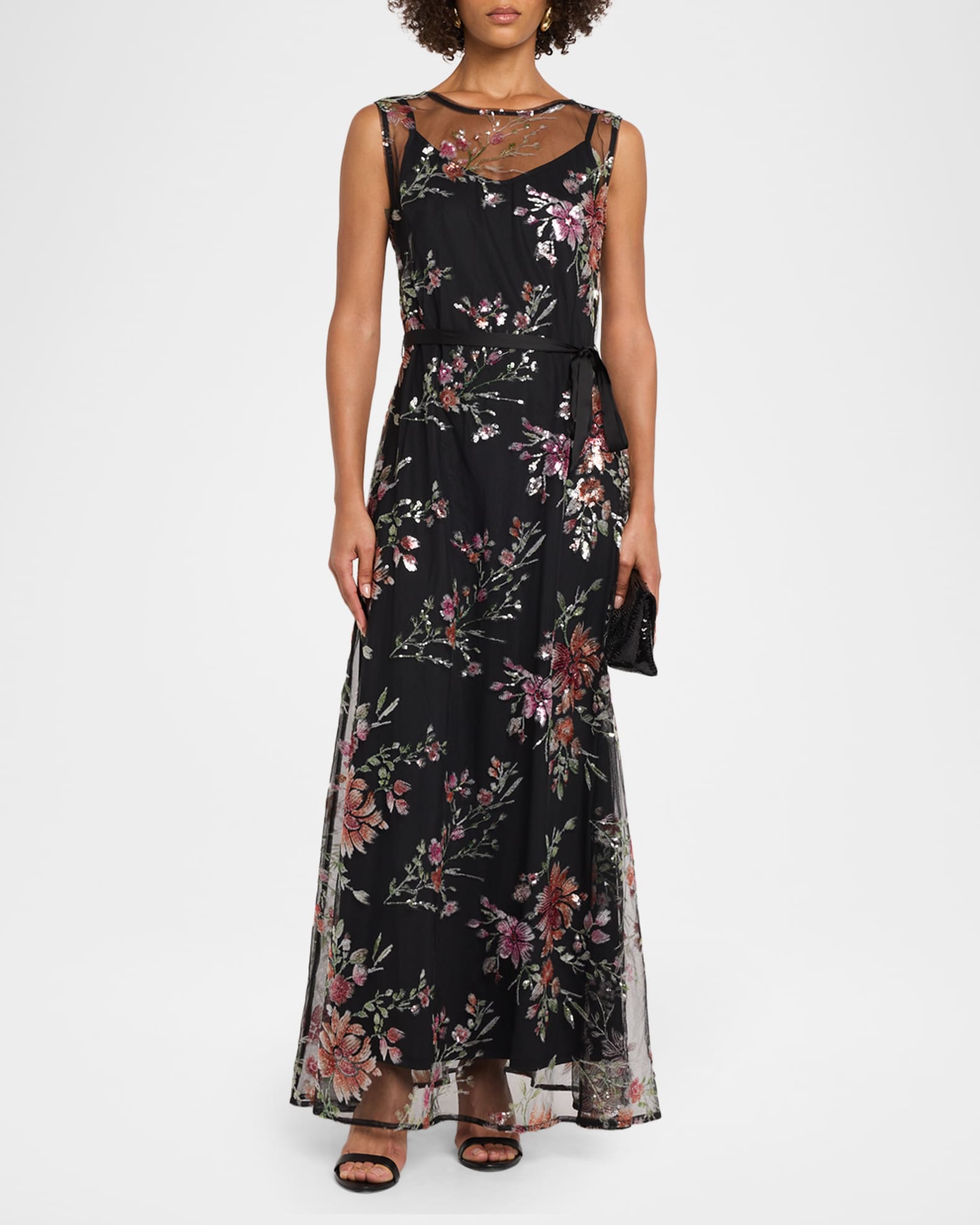 Johnny Was Siza Sleeveless Floral Sequined Mesh Maxi Dress | Neiman Marcus
