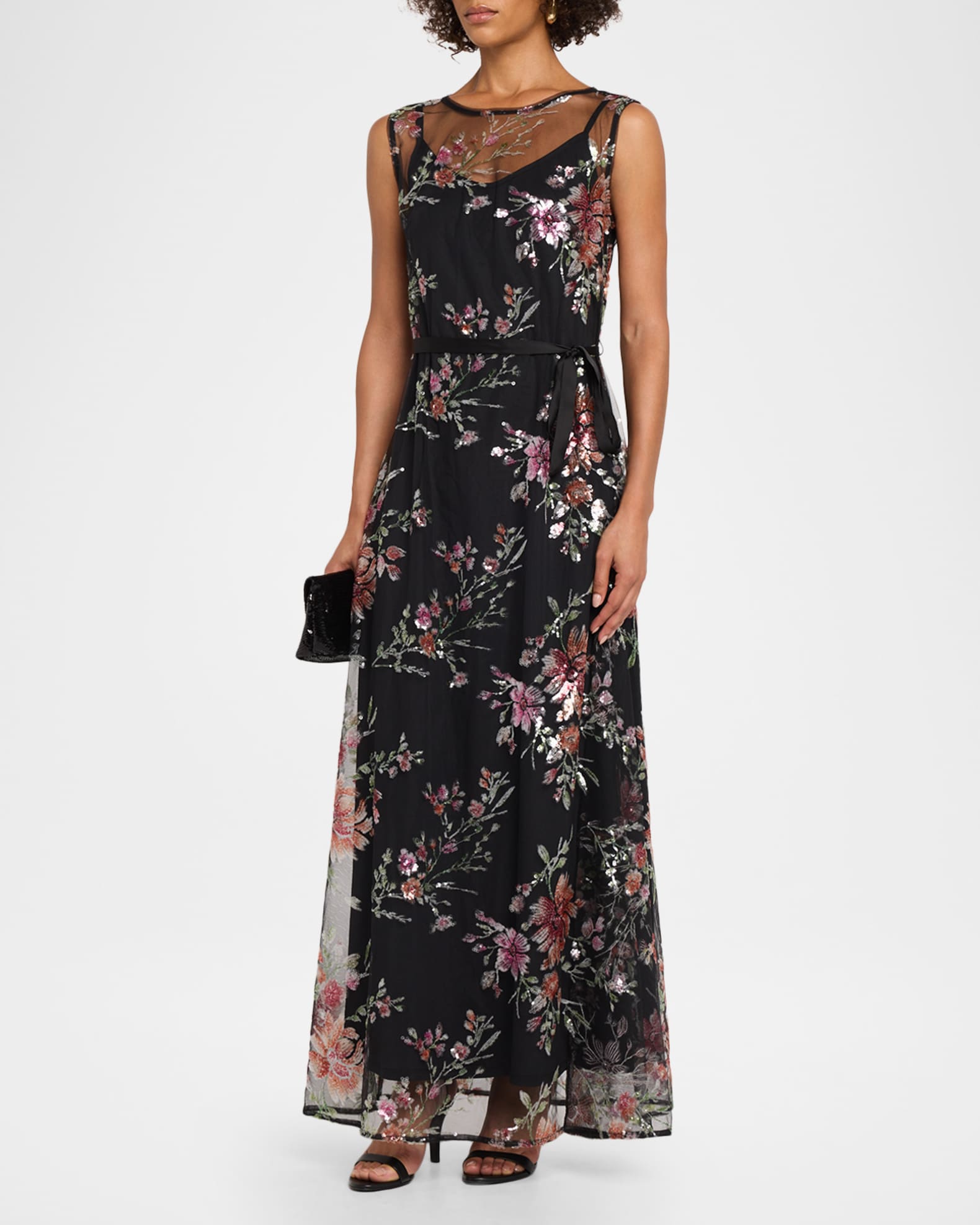 Johnny Was Siza Sleeveless Floral Sequined Mesh Maxi Dress | Neiman Marcus