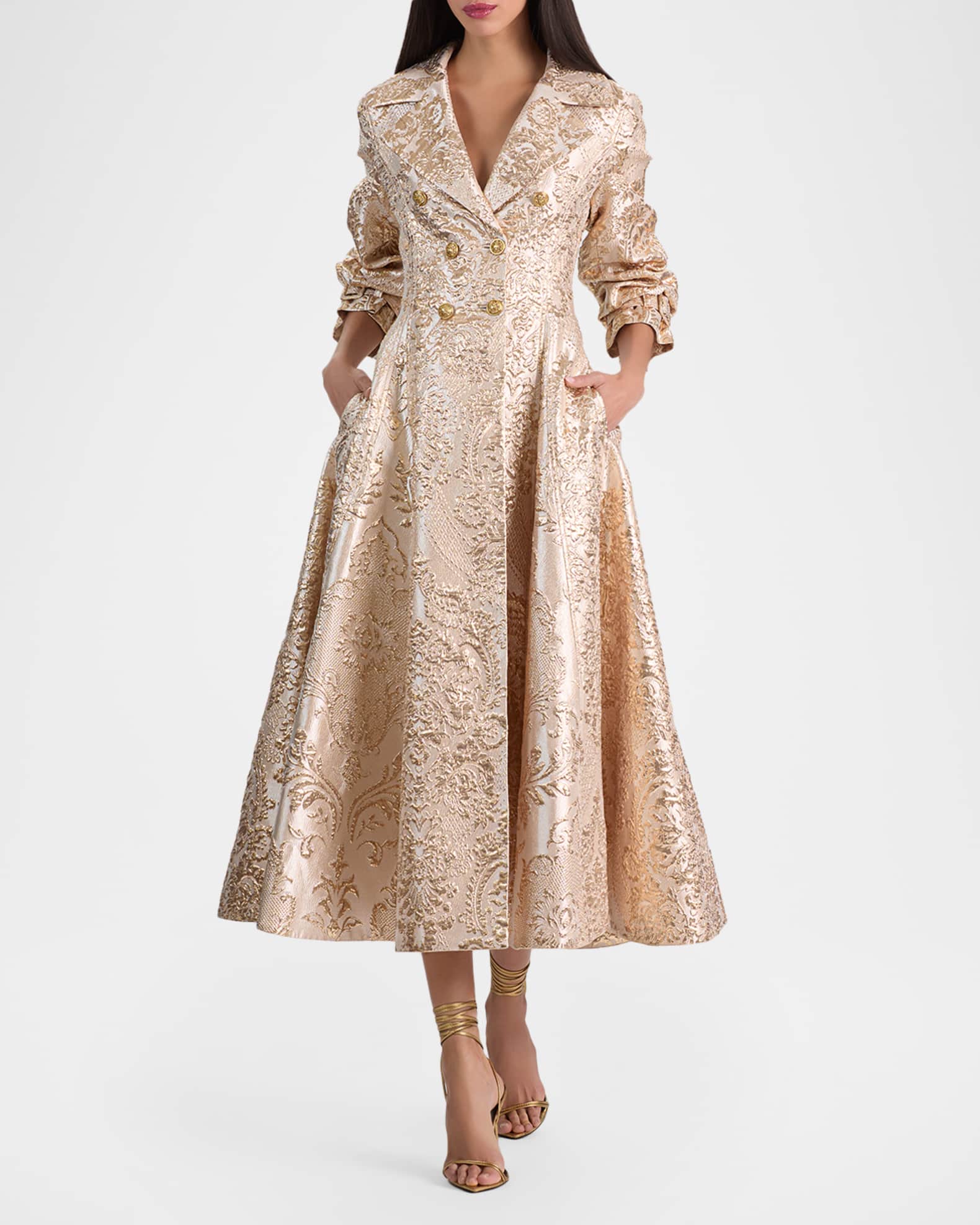 ALICE + OLIVIA Ellie Metallic Brocade Godet Trench Coat | Neiman Marcus