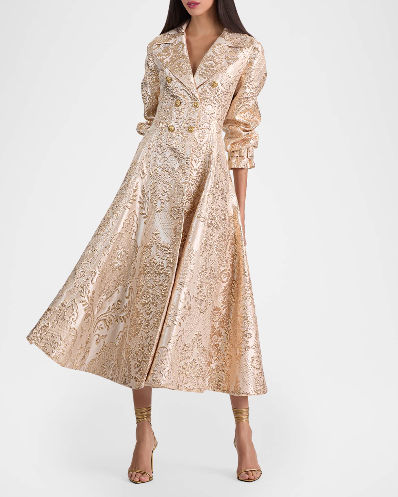 ALICE + OLIVIA Ellie Metallic Brocade Godet Trench Coat | Neiman Marcus