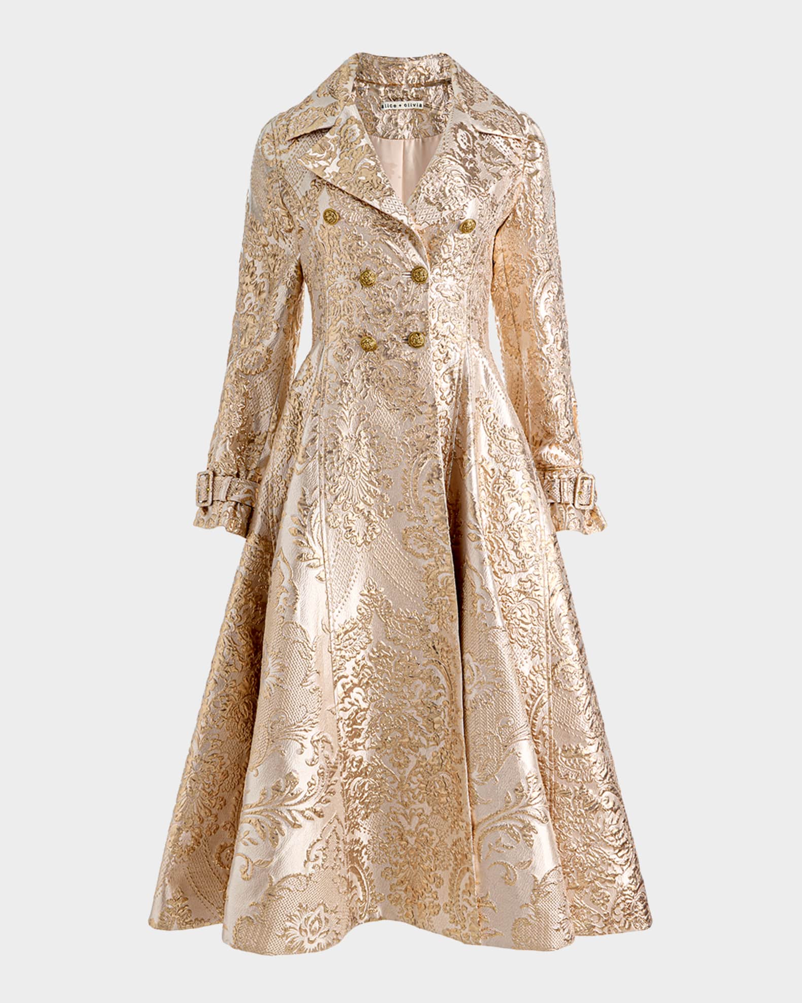ALICE + OLIVIA Ellie Metallic Brocade Godet Trench Coat | Neiman Marcus