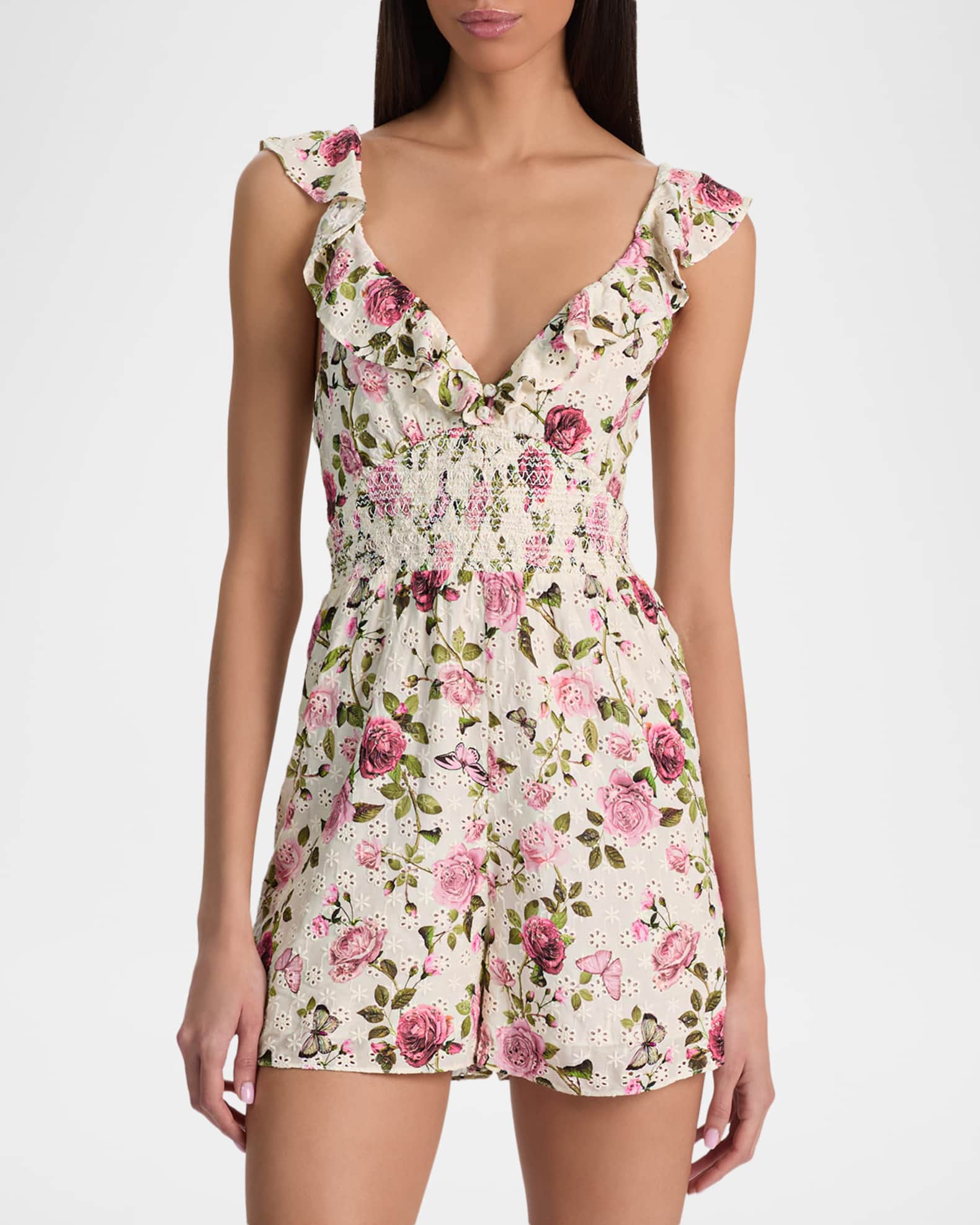 ALICE + OLIVIA Gemma Embroidered Floral Romper | Neiman Marcus
