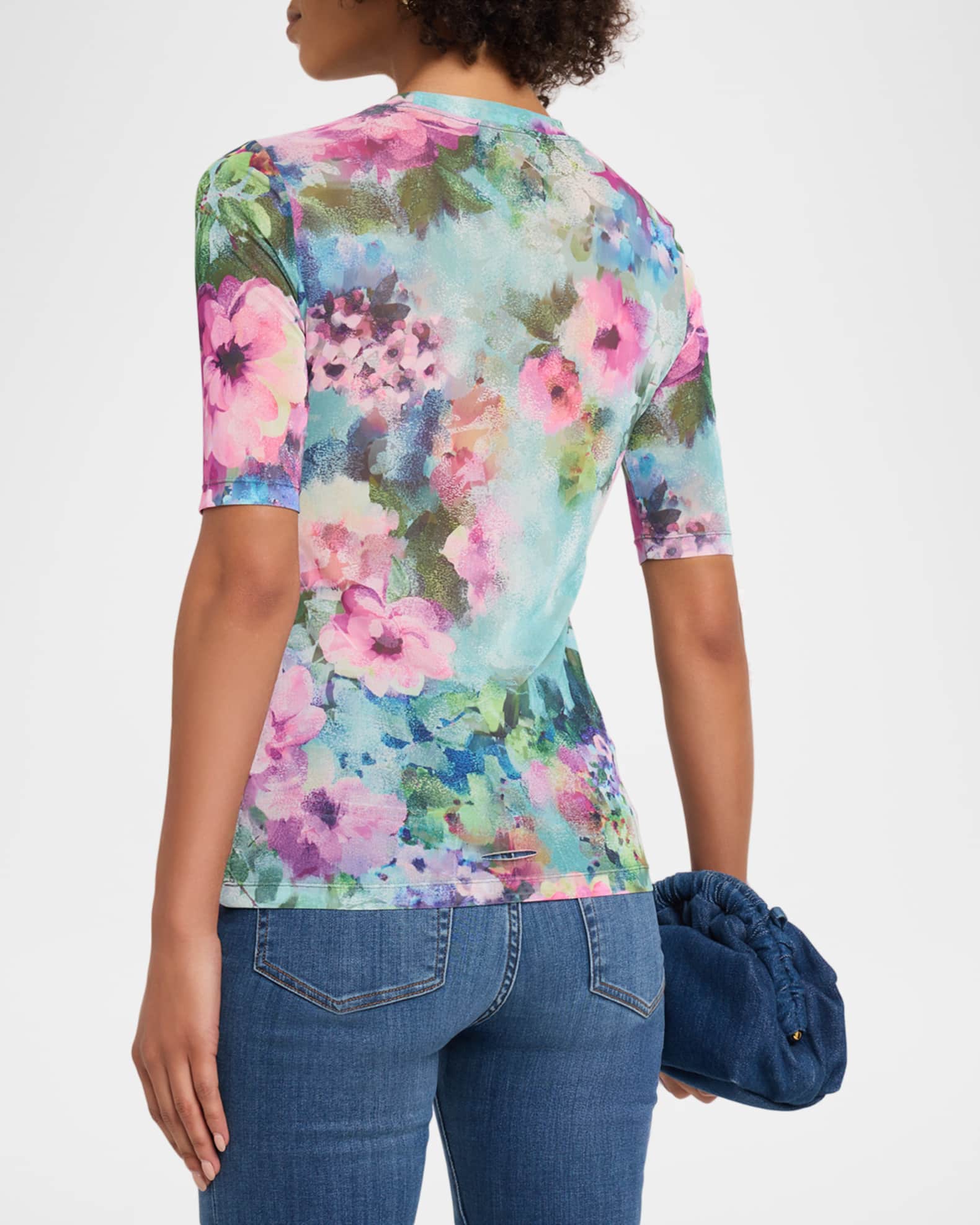 Johnny Was Elbow-Sleeve Floral Mesh Top | Neiman Marcus