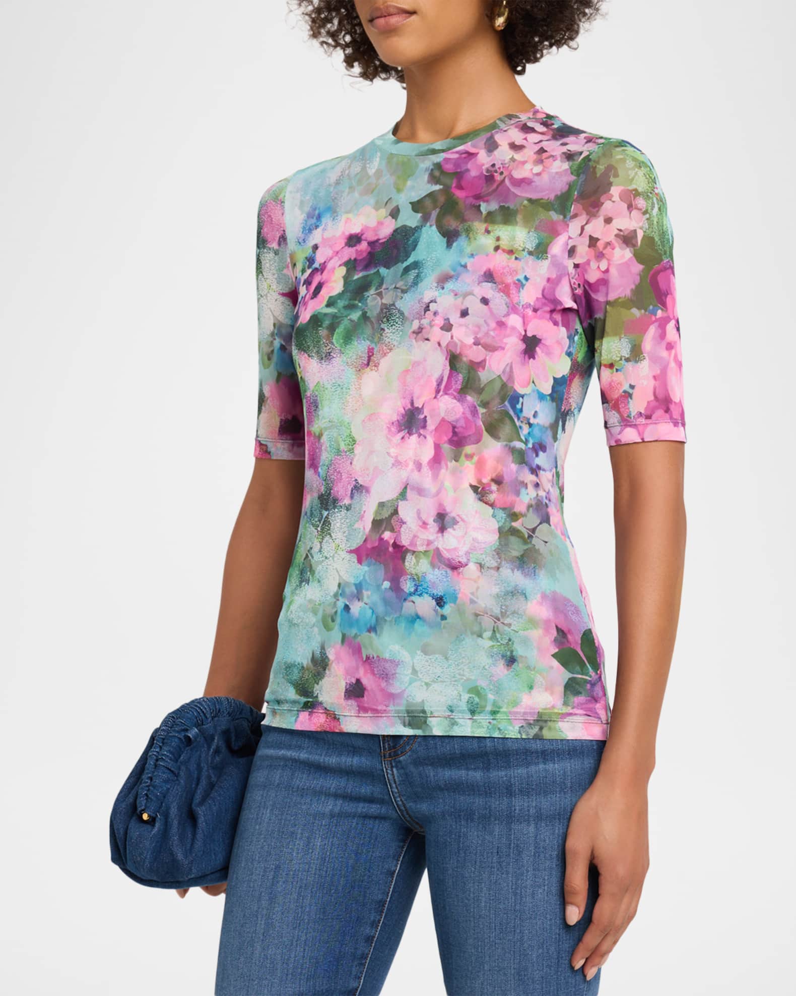Johnny Was Elbow-Sleeve Floral Mesh Top | Neiman Marcus