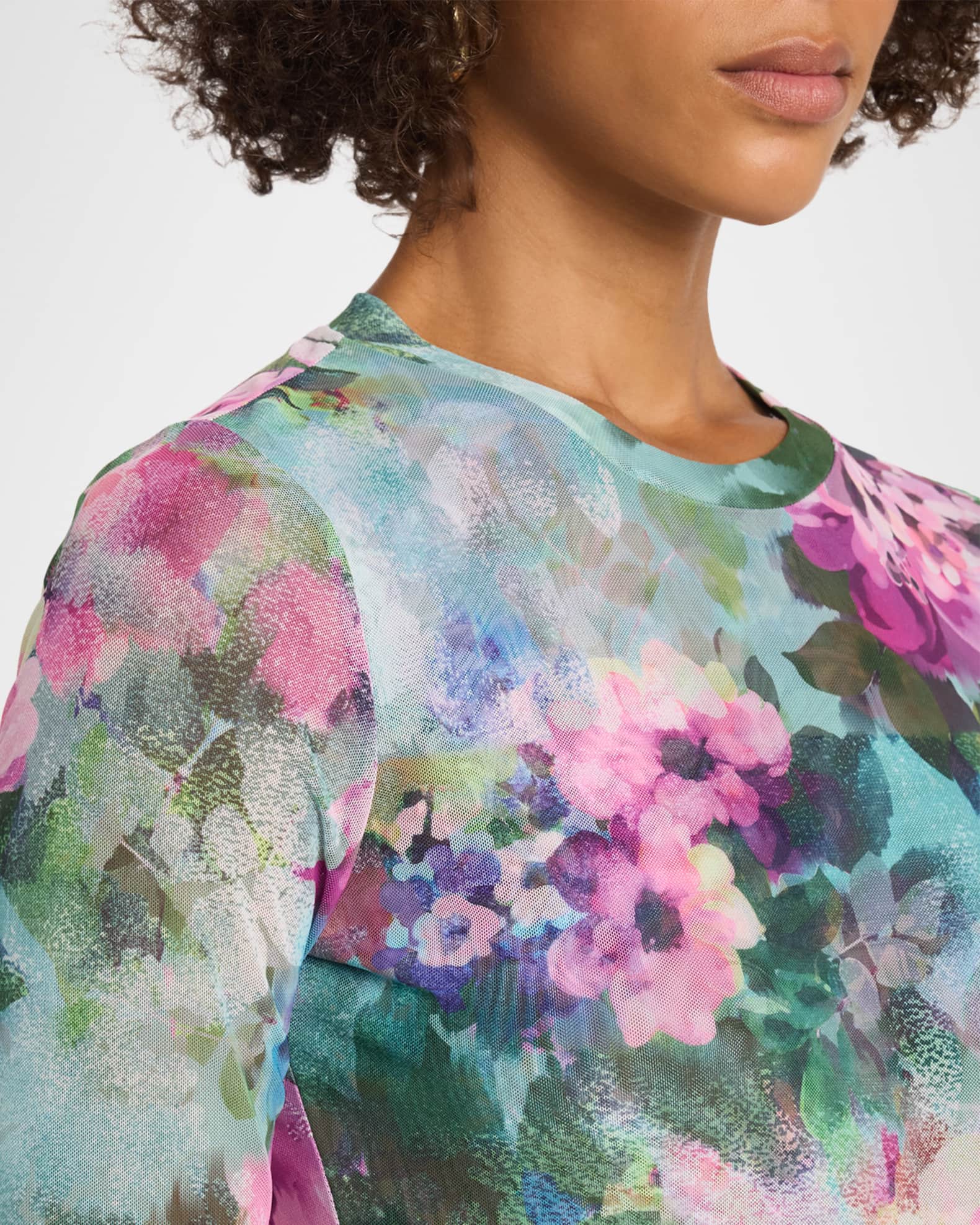 Johnny Was Elbow-Sleeve Floral Mesh Top | Neiman Marcus