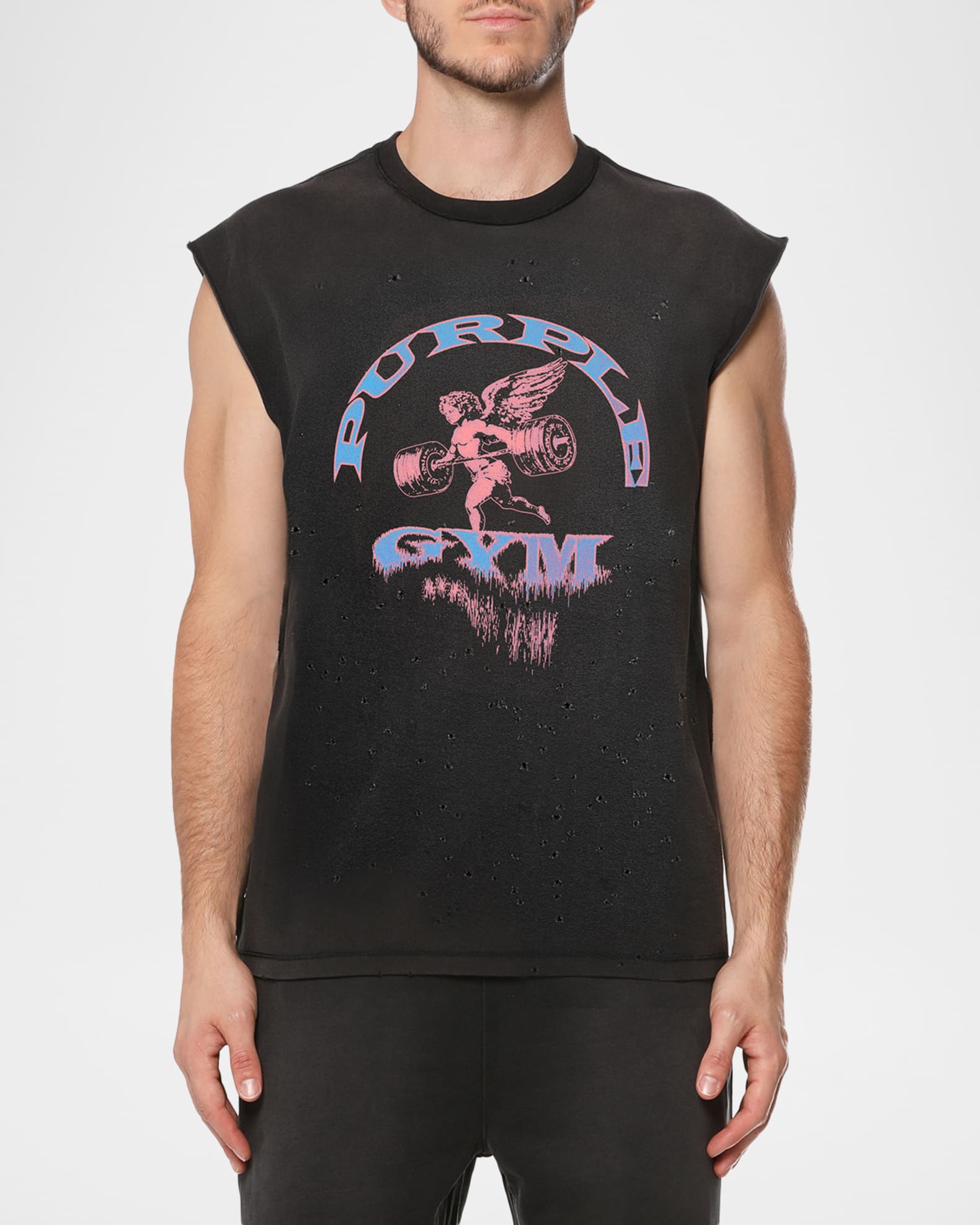 PURPLE Men's Distressed Cotton Gym Logo Sleeveless T-Shirt | Neiman Marcus