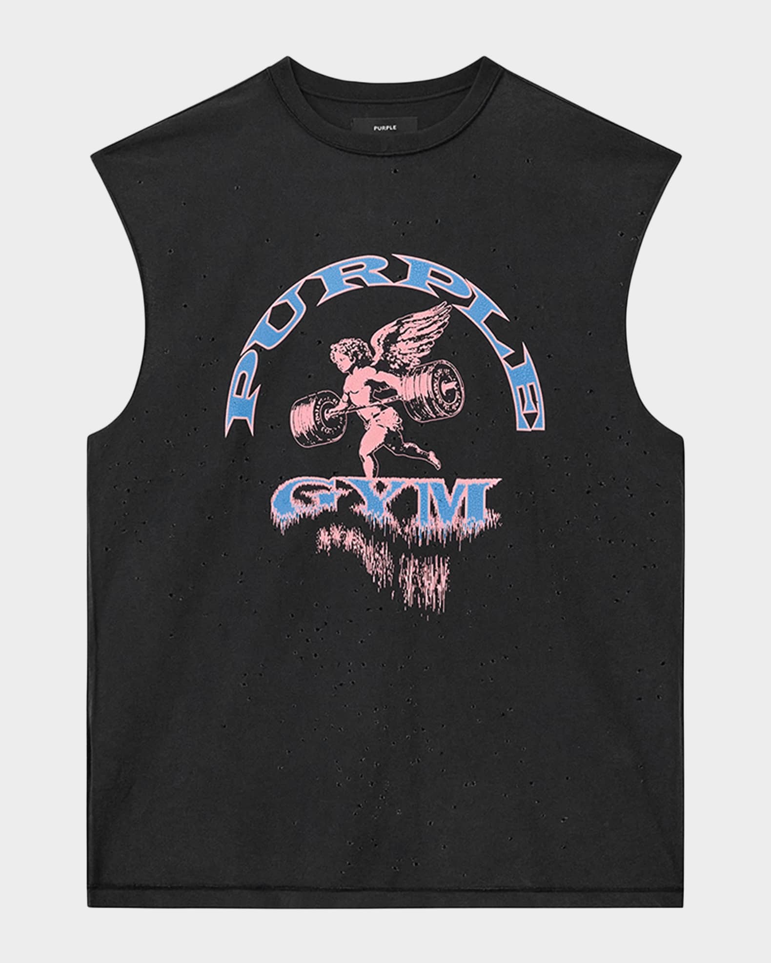 PURPLE Men's Distressed Cotton Gym Logo Sleeveless T-Shirt | Neiman Marcus