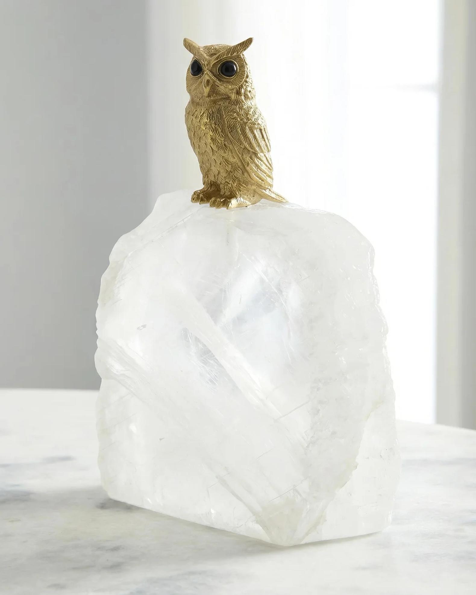 John-Richard Collection Perched Brass Owl Sculpture on Selenite, Small ...