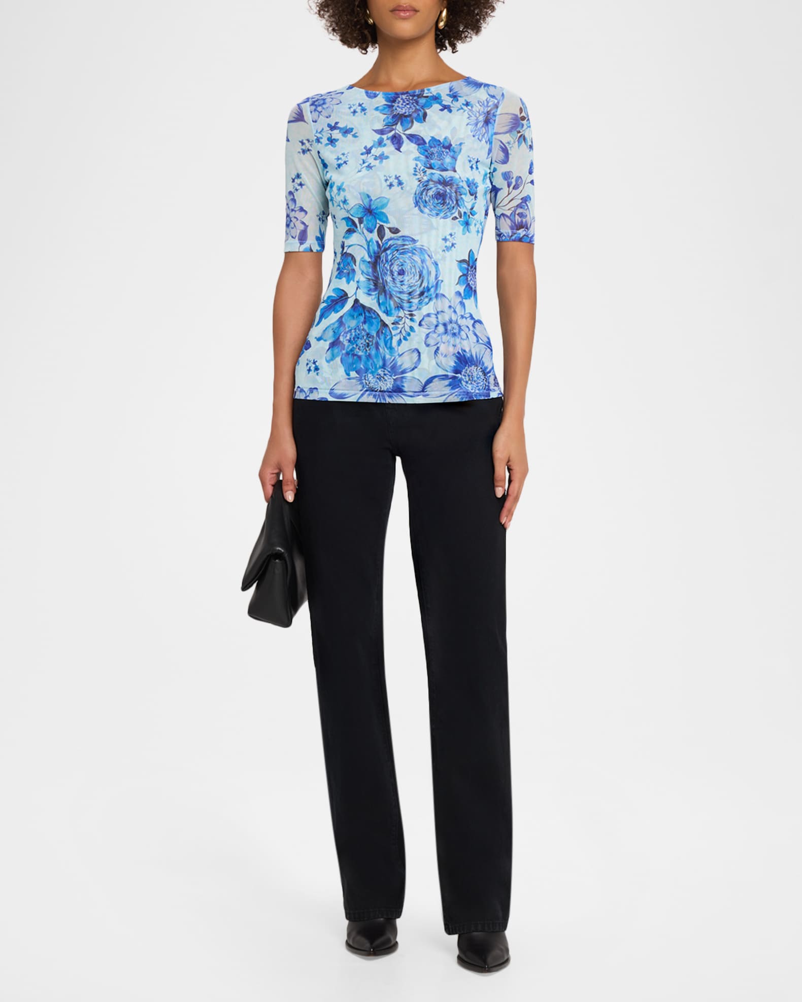 Johnny Was Elbow-Sleeve Botanical Floral Mesh Top | Neiman Marcus