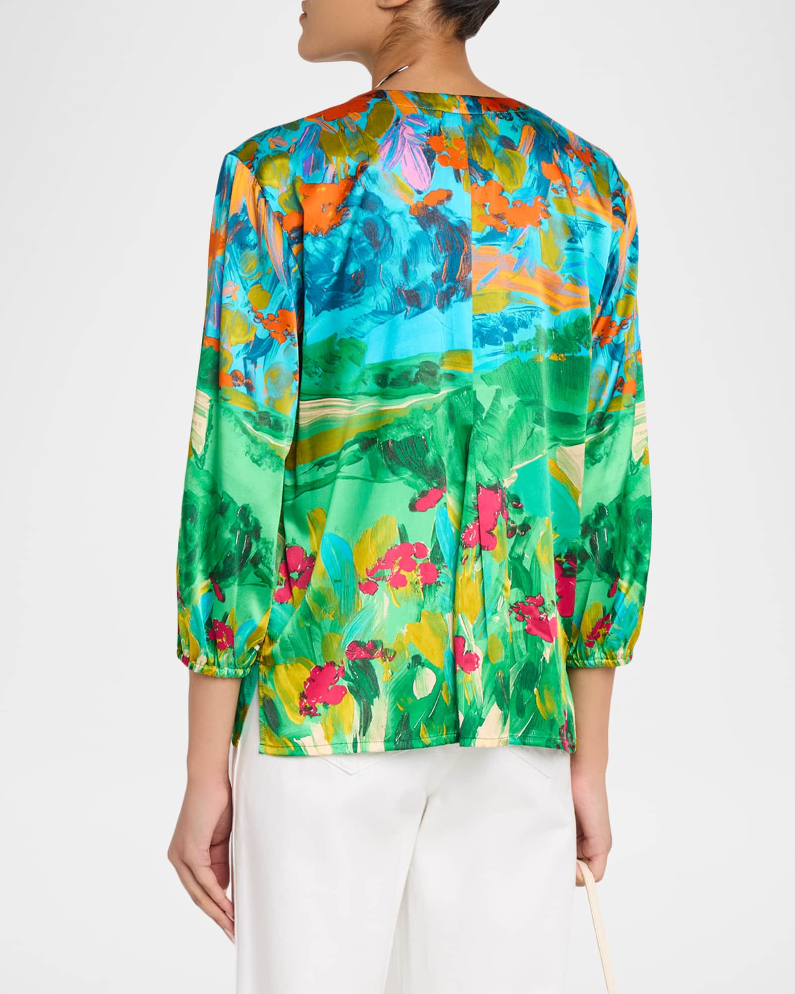 Johnny Was Arlo Painterly-Print Satin Blouse | Neiman Marcus