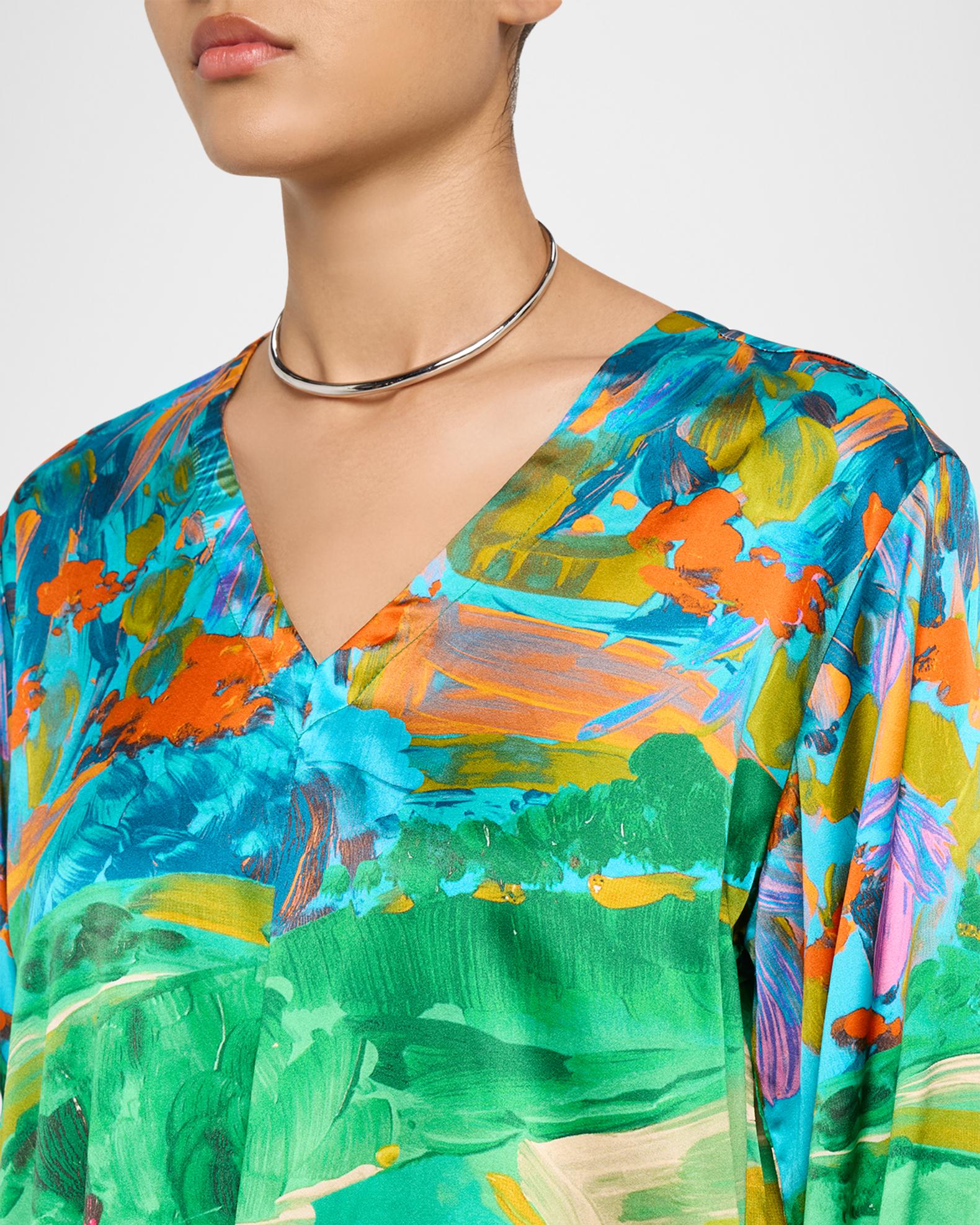 Johnny Was Arlo Painterly-Print Satin Blouse | Neiman Marcus
