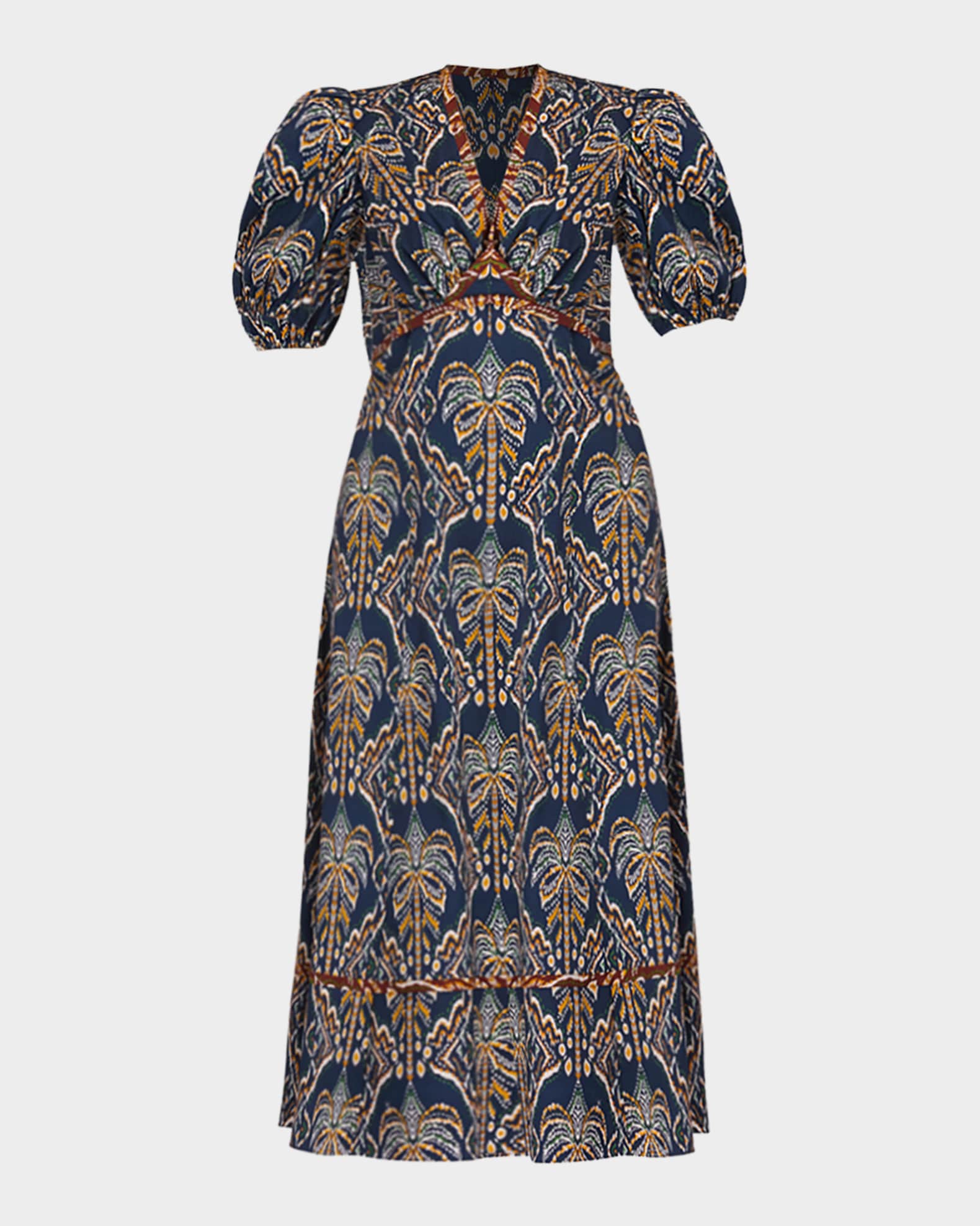 Shoshanna Gemma Abstract-Print Empire Midi Dress | Neiman Marcus