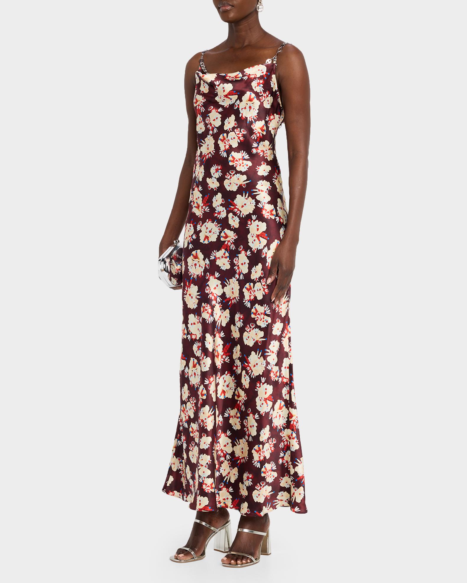 Rabanne Chain Cowl Neck Floral Satin Maxi Slip Dress Neiman Marcus