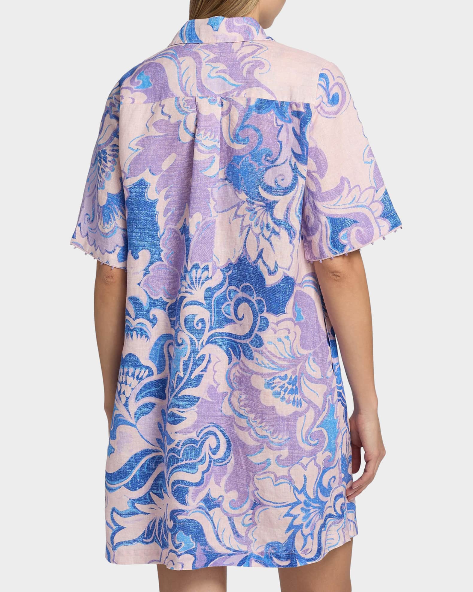 Johnny Was Floral-Print Linen Mini Shirtdress | Neiman Marcus