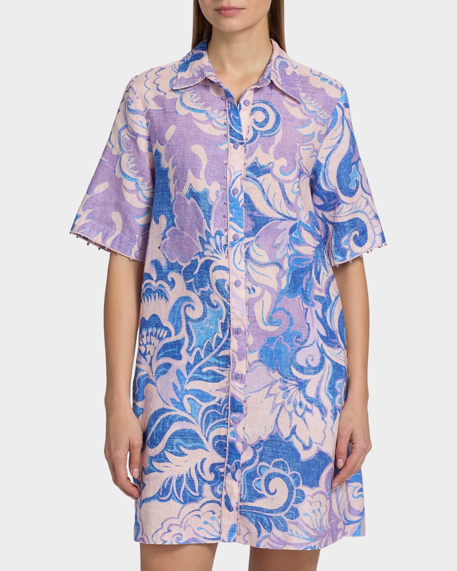 Johnny Was Floral-Print Linen Mini Shirtdress | Neiman Marcus