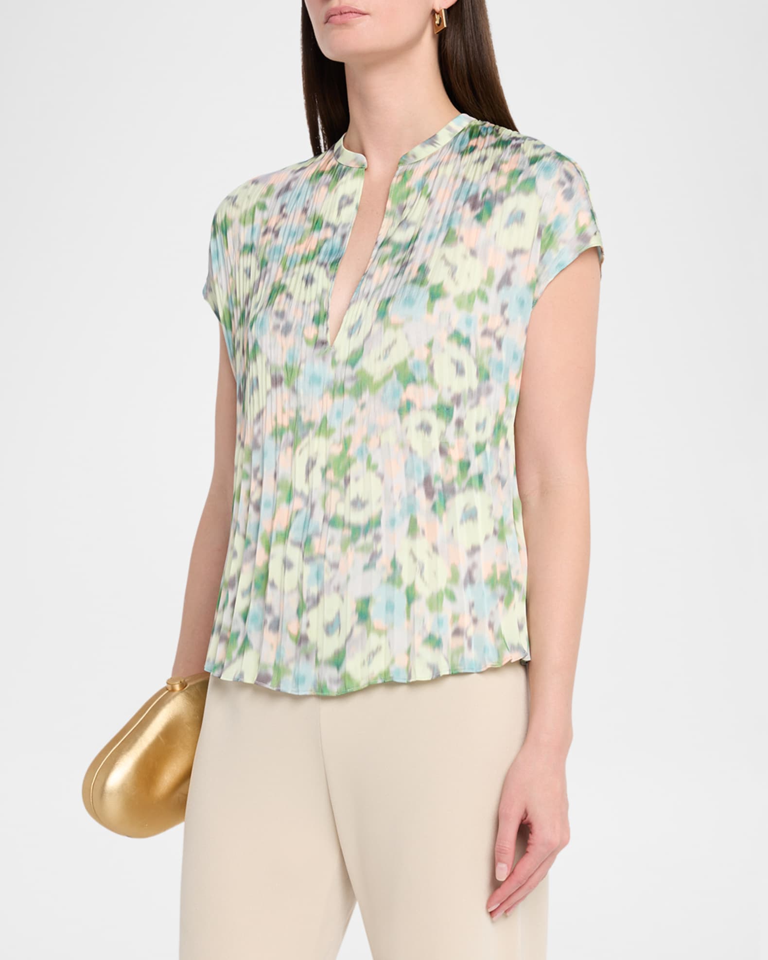 Vince Pleated Painted Garden V-Neck Top | Neiman Marcus