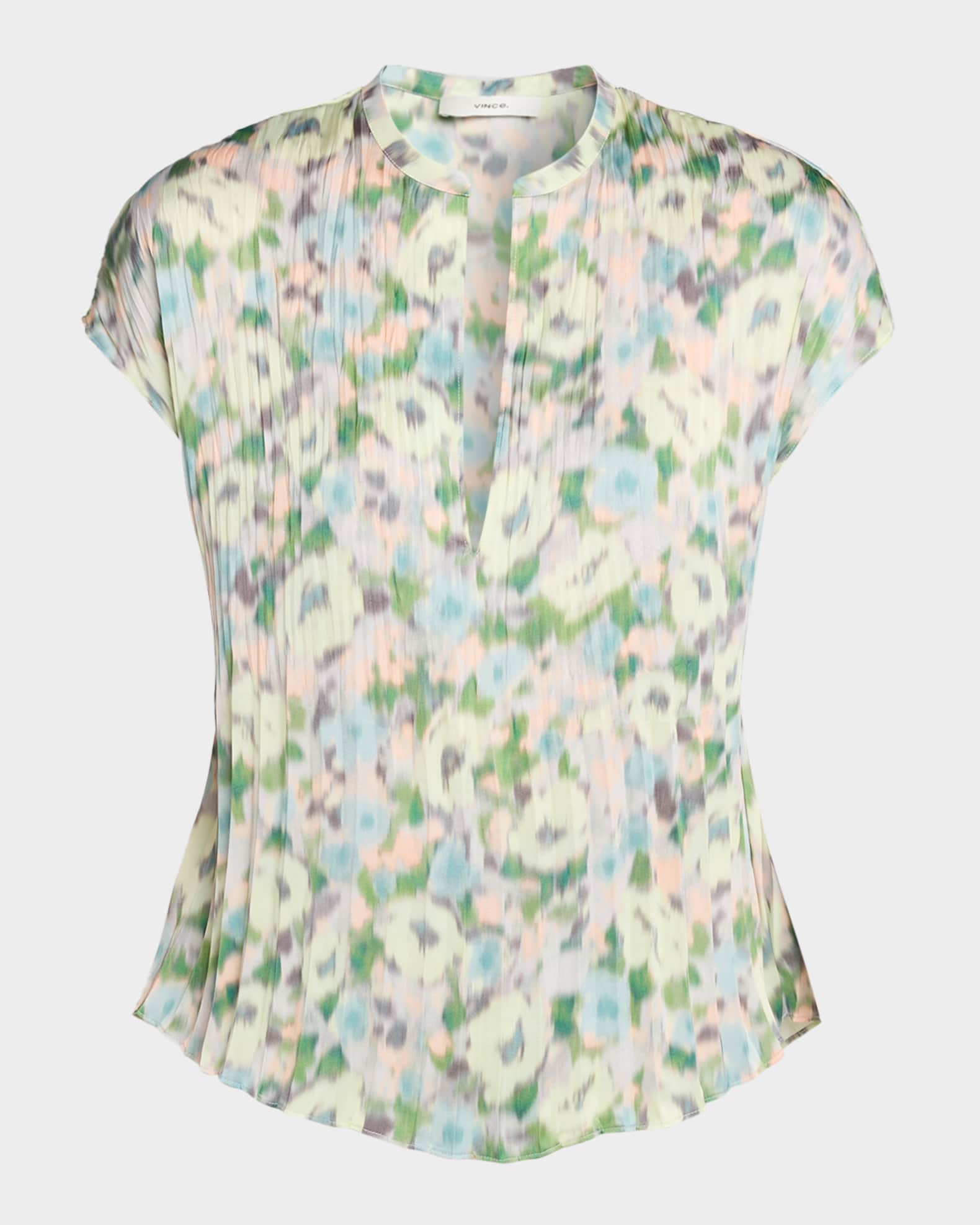 Vince Pleated Painted Garden V-Neck Top | Neiman Marcus