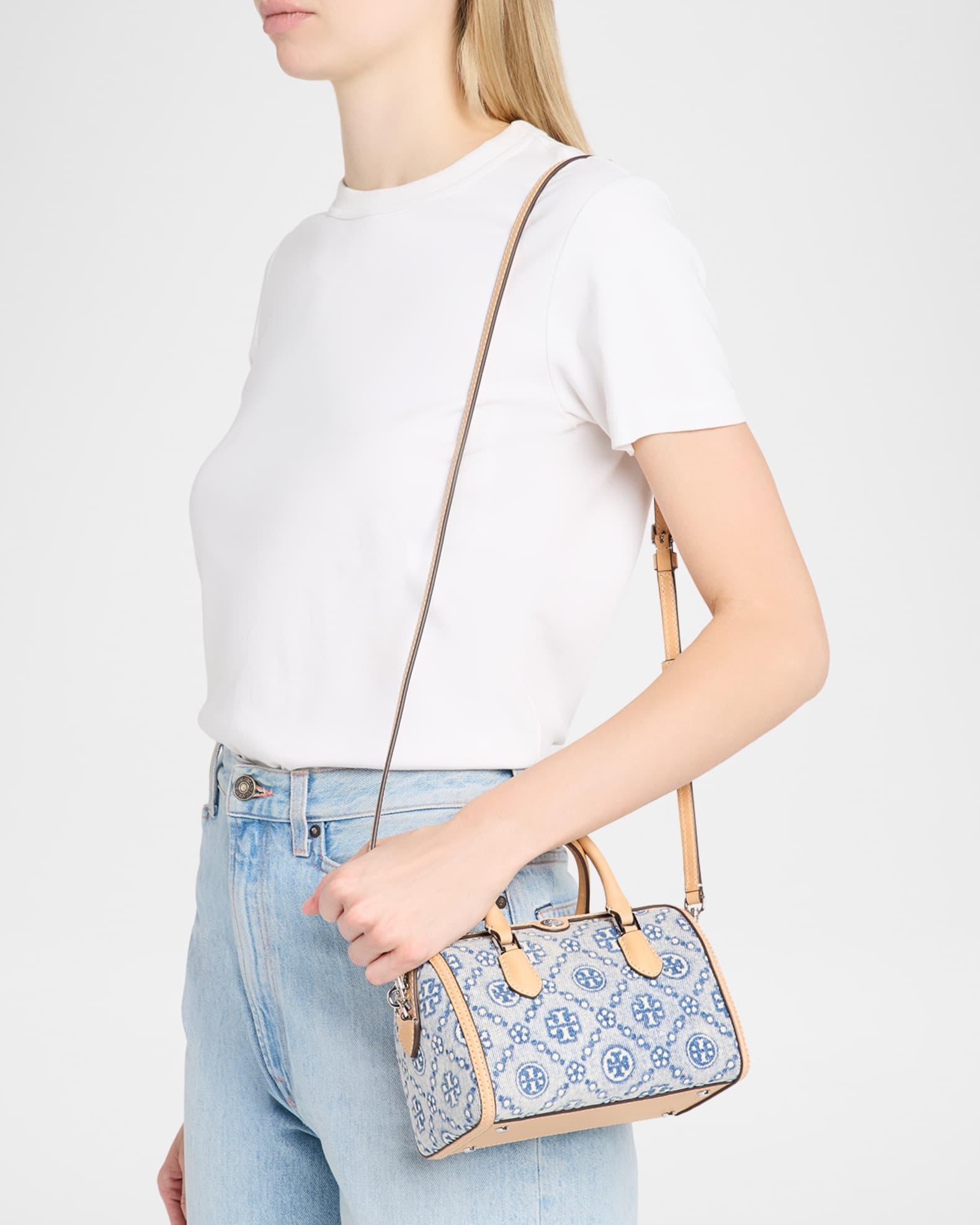 Tory Burch T Monogram Denim Petite Barrel Bag | Neiman Marcus